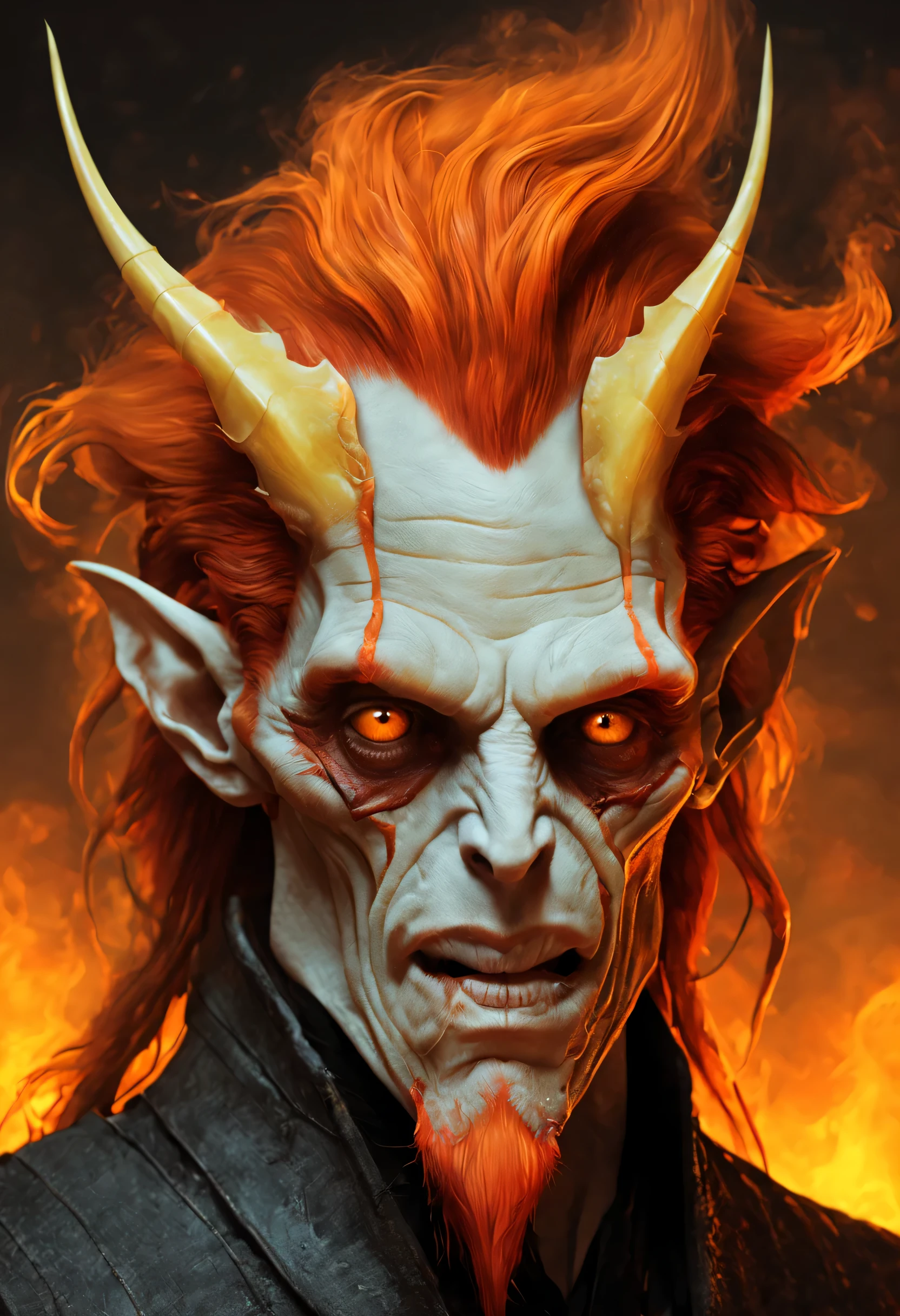 A close up of a man with a horned face and red hair - SeaArt AI