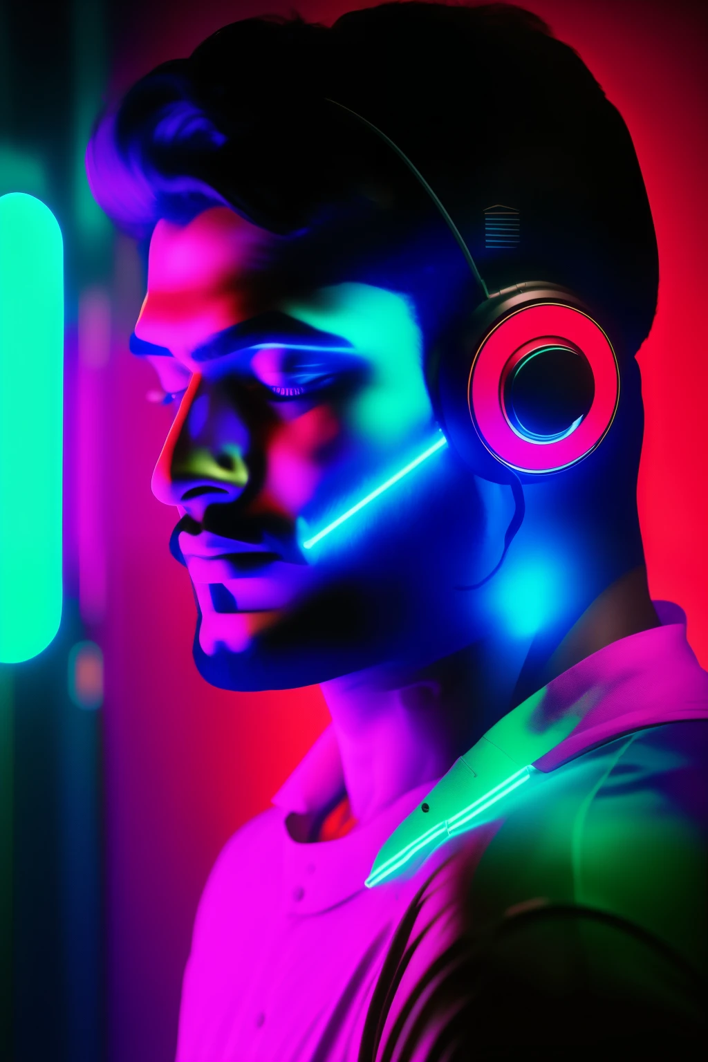 A close up of a man wearing headphones in a neon room - SeaArt AI