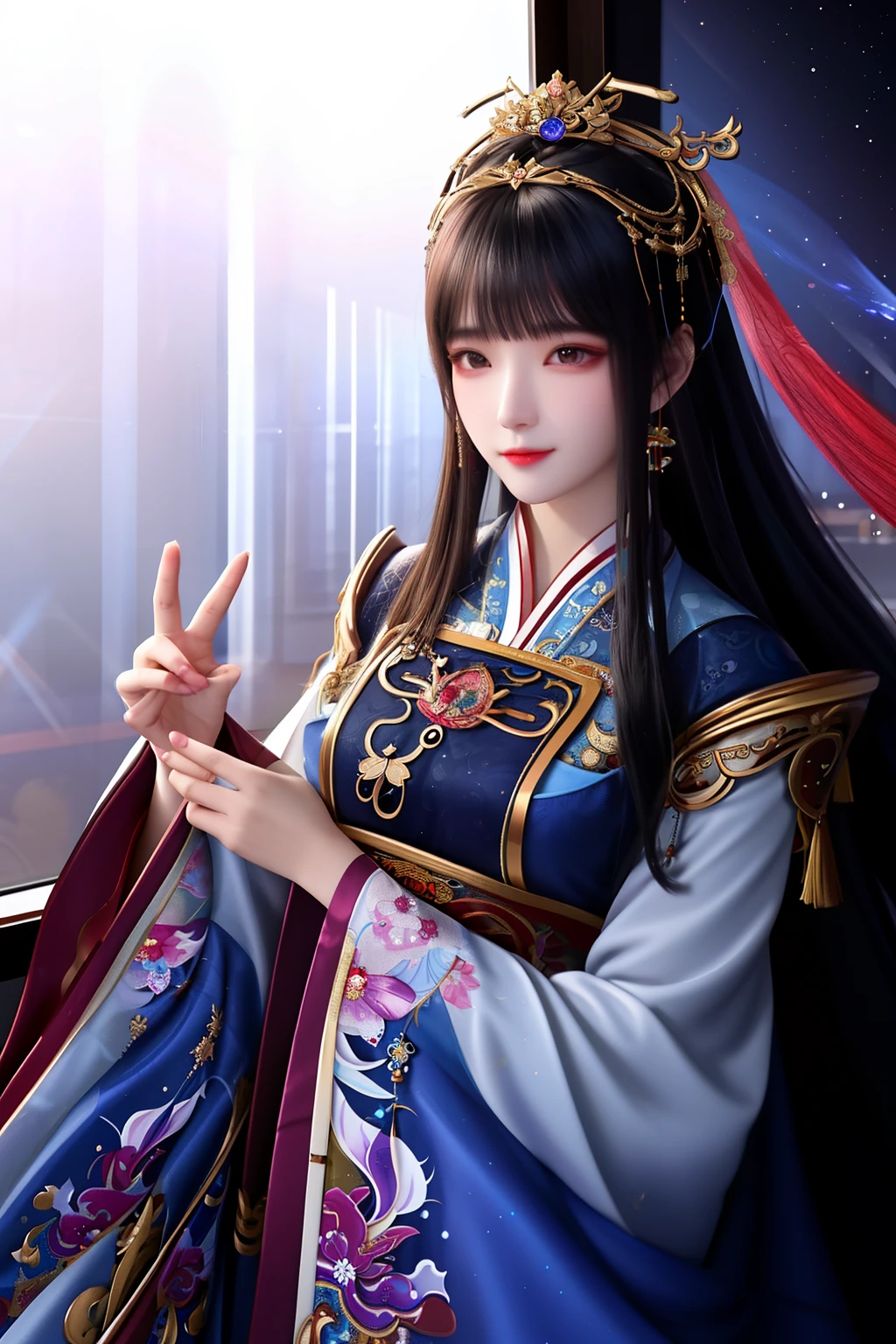 A close up of a woman in a blue dress with a red cape - SeaArt AI
