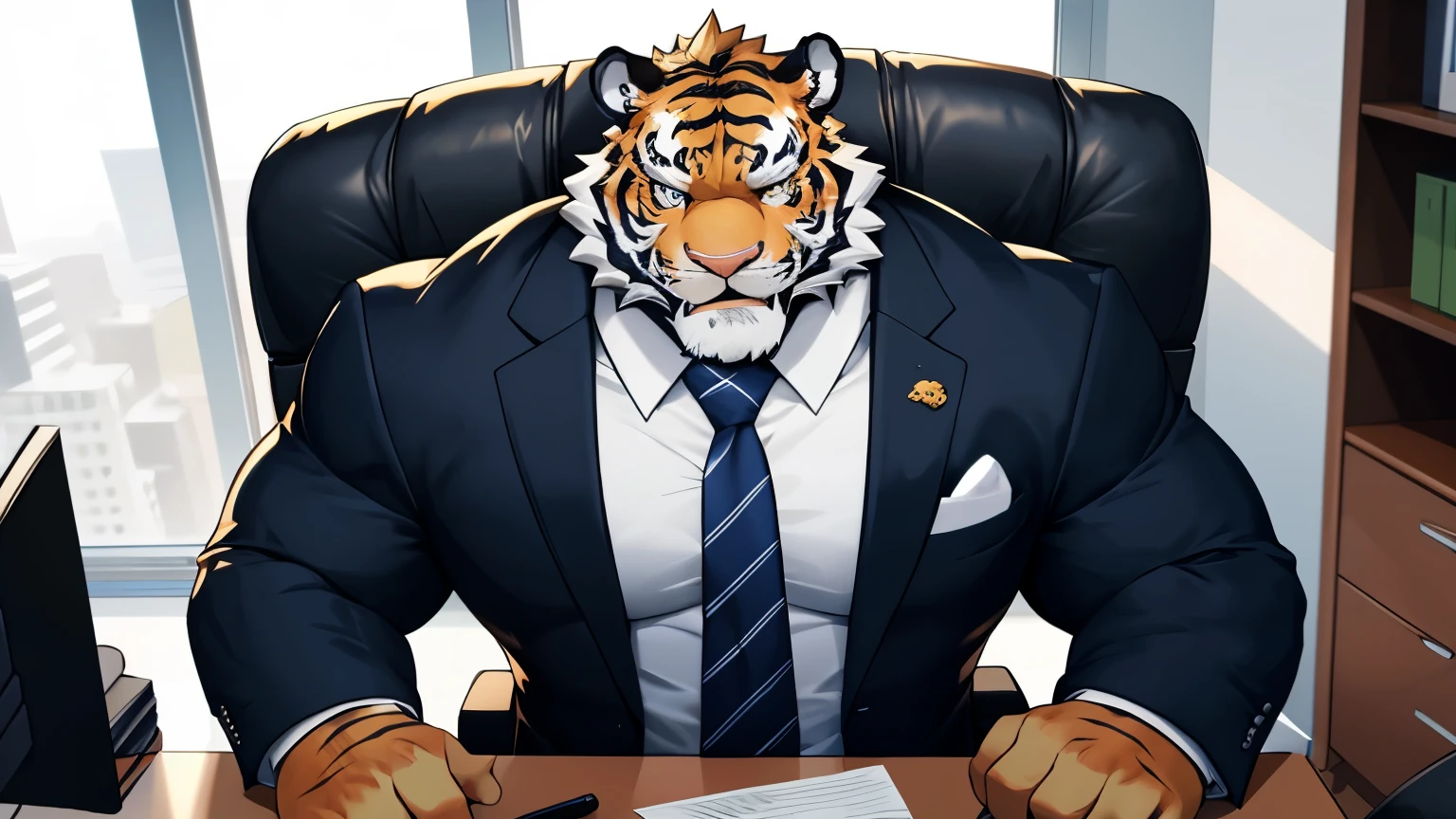 There is a cartoon tiger in a suit sitting at a desk - SeaArt AI