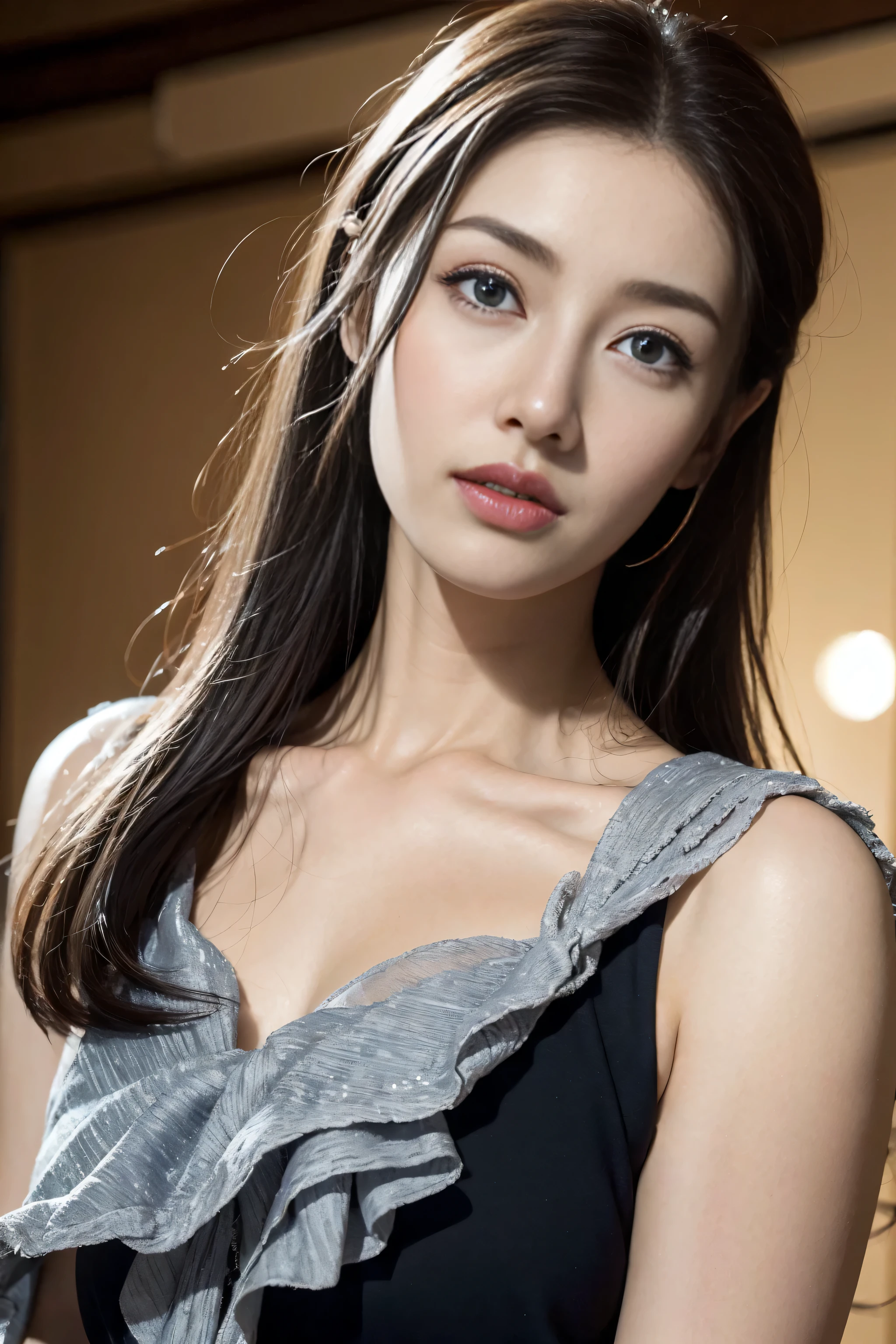 A close up of a woman in a black dress posing for a picture - SeaArt AI