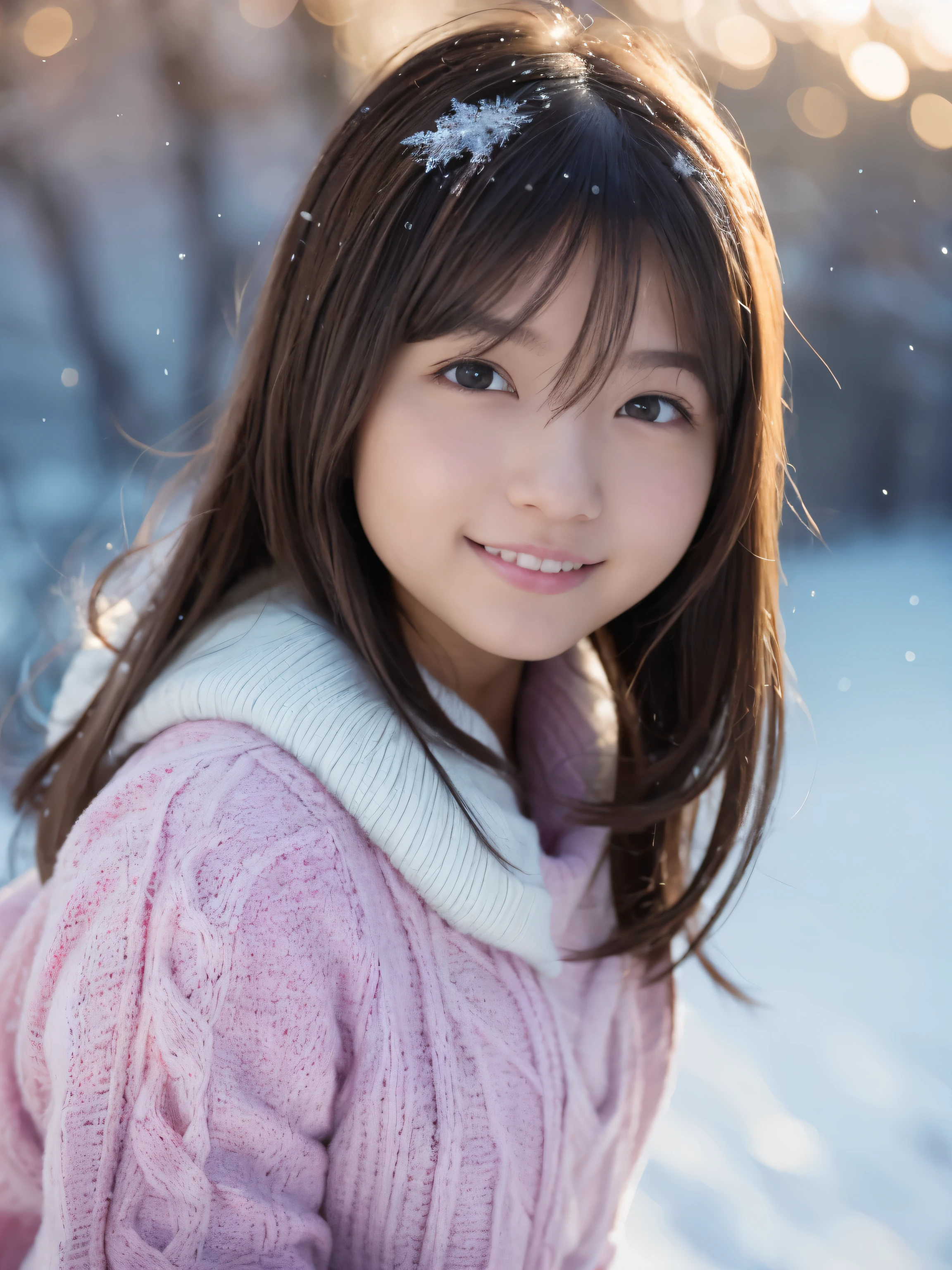 A close up of a young woman in a pink sweater and white snowflakes - SeaArt AI