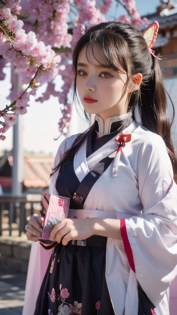 A close up of a woman in a kimono outfit standing under a tree - SeaArt AI