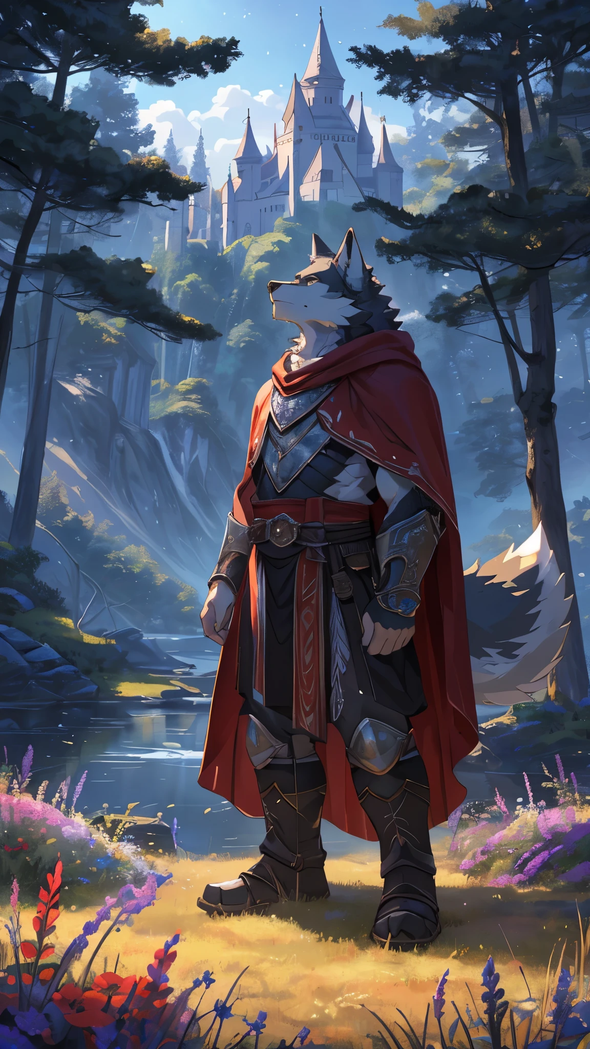 A man in a red cloak stands in front of a castle - SeaArt AI