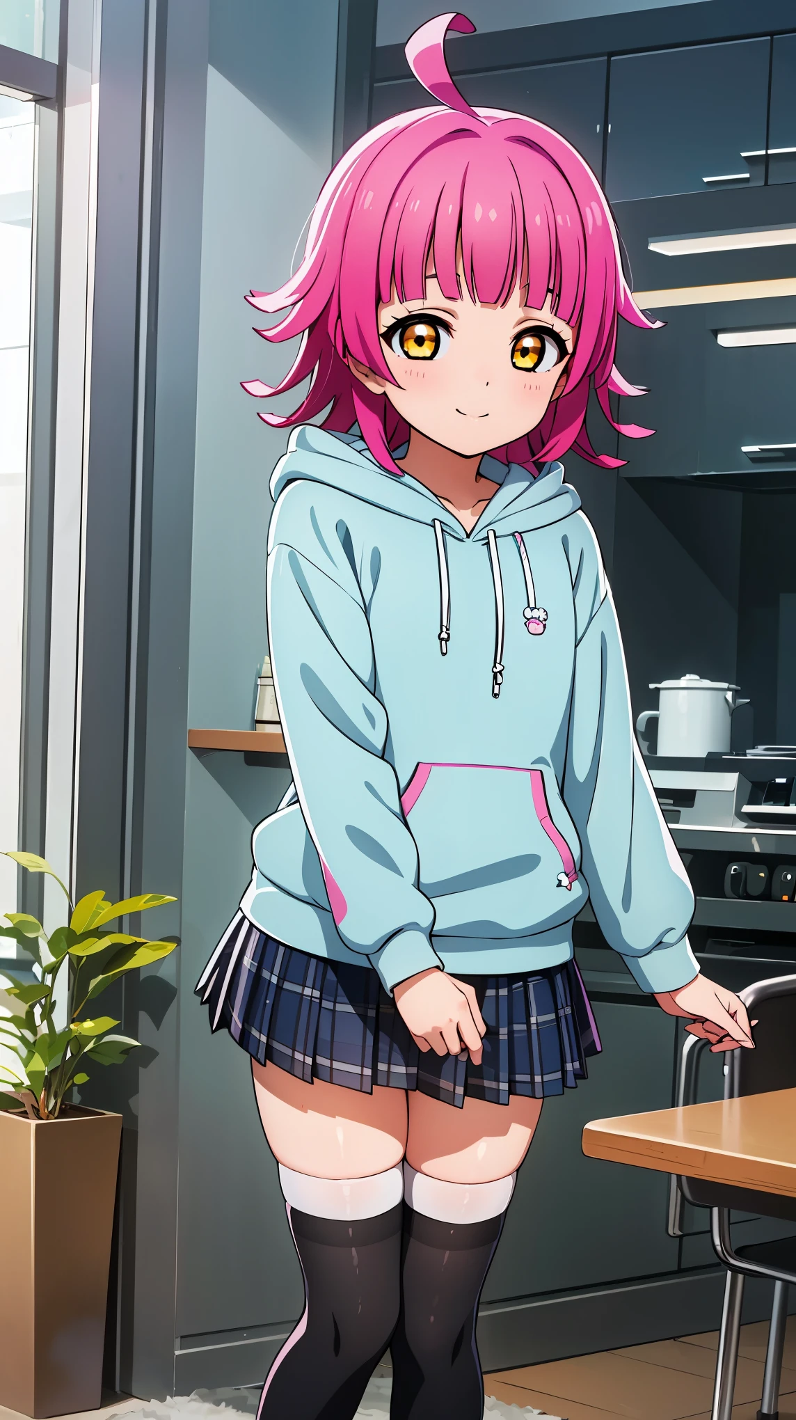 Anime girl in a blue hoodie and skirt standing in a kitchen - SeaArt AI