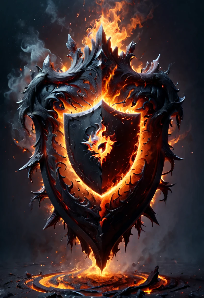 A huge shield composed of elements of fire, shield made of black smoke ...
