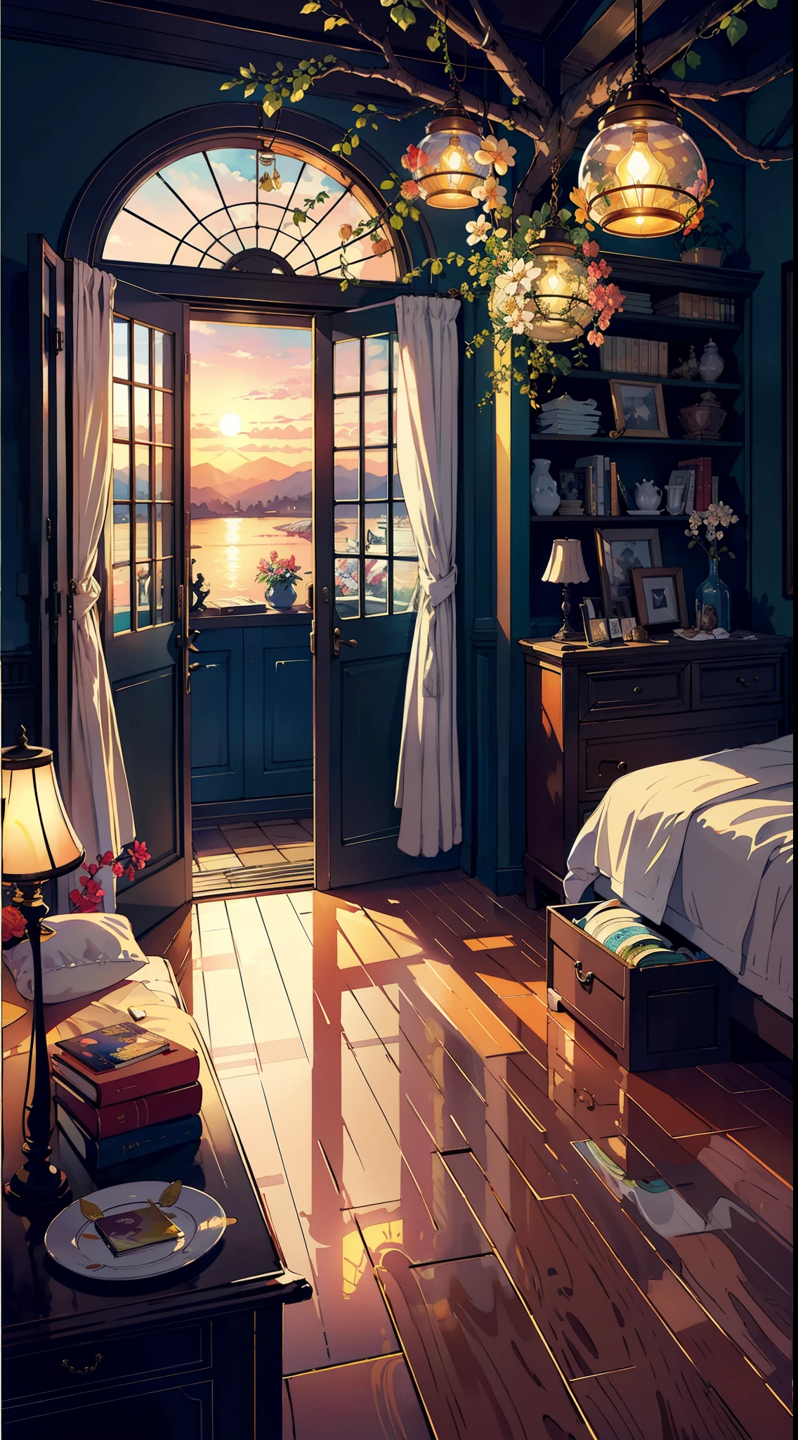 Anime bedroom with a view of the ocean and a bed - SeaArt AI