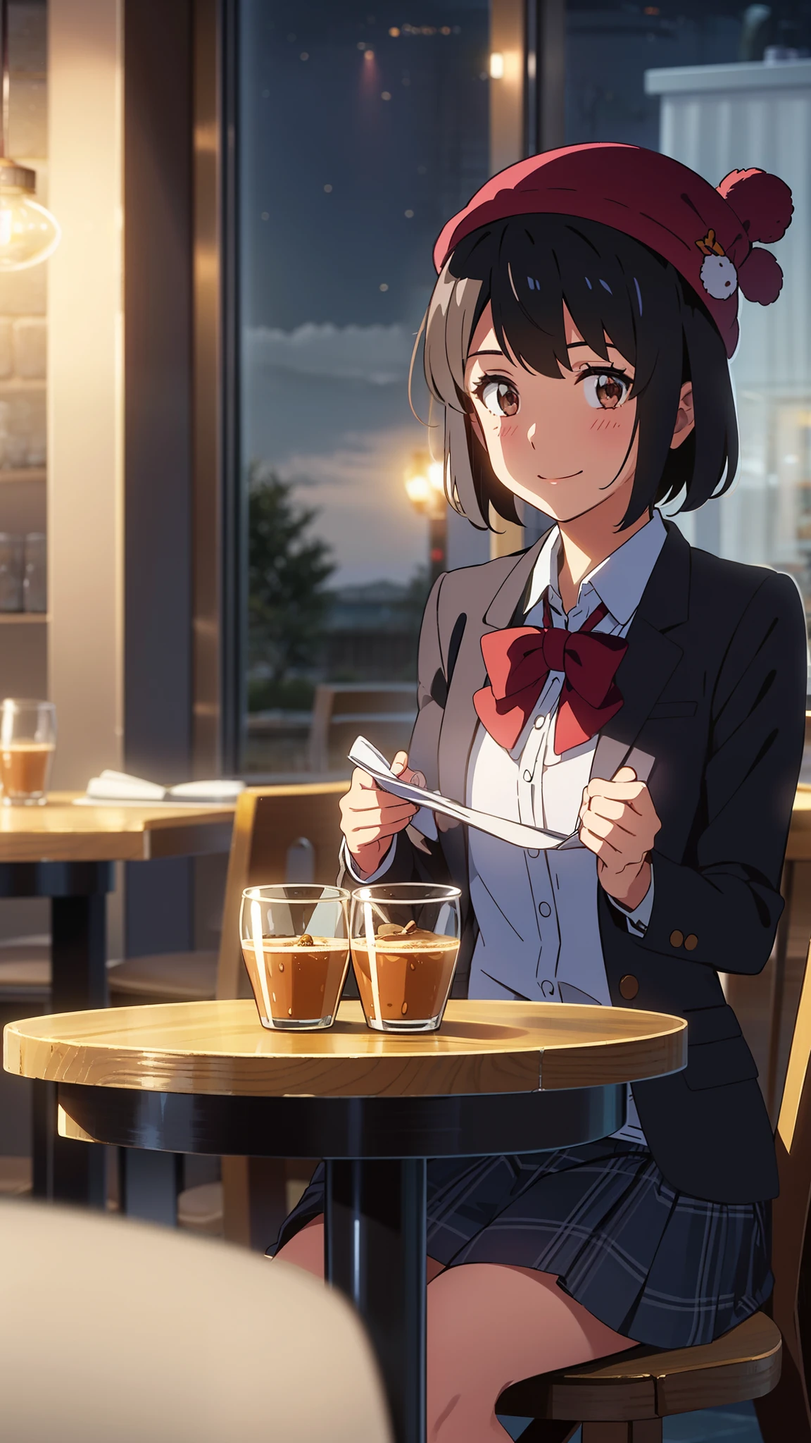 Anime girl sitting at a table with a glass of coffee - SeaArt AI