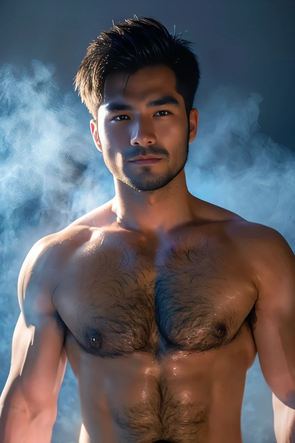 Arafed man with no shirt standing in front of a smoke filled background ...