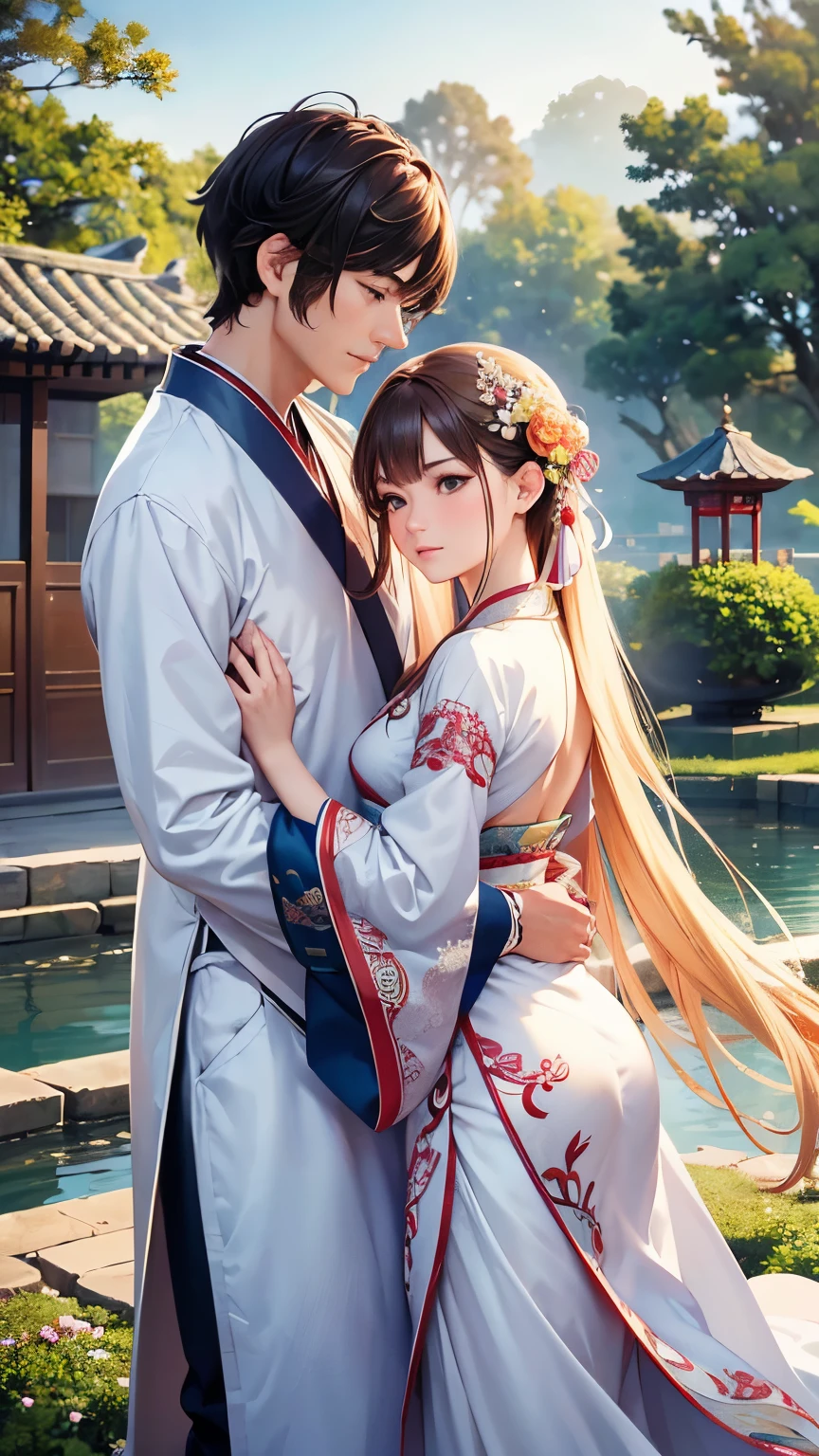 Anime couple in kimono kimono dress hugging each other - SeaArt AI