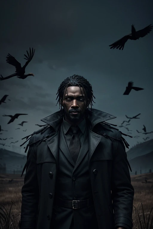 Black man, he has crows around him, his eyes are made of dark black ...
