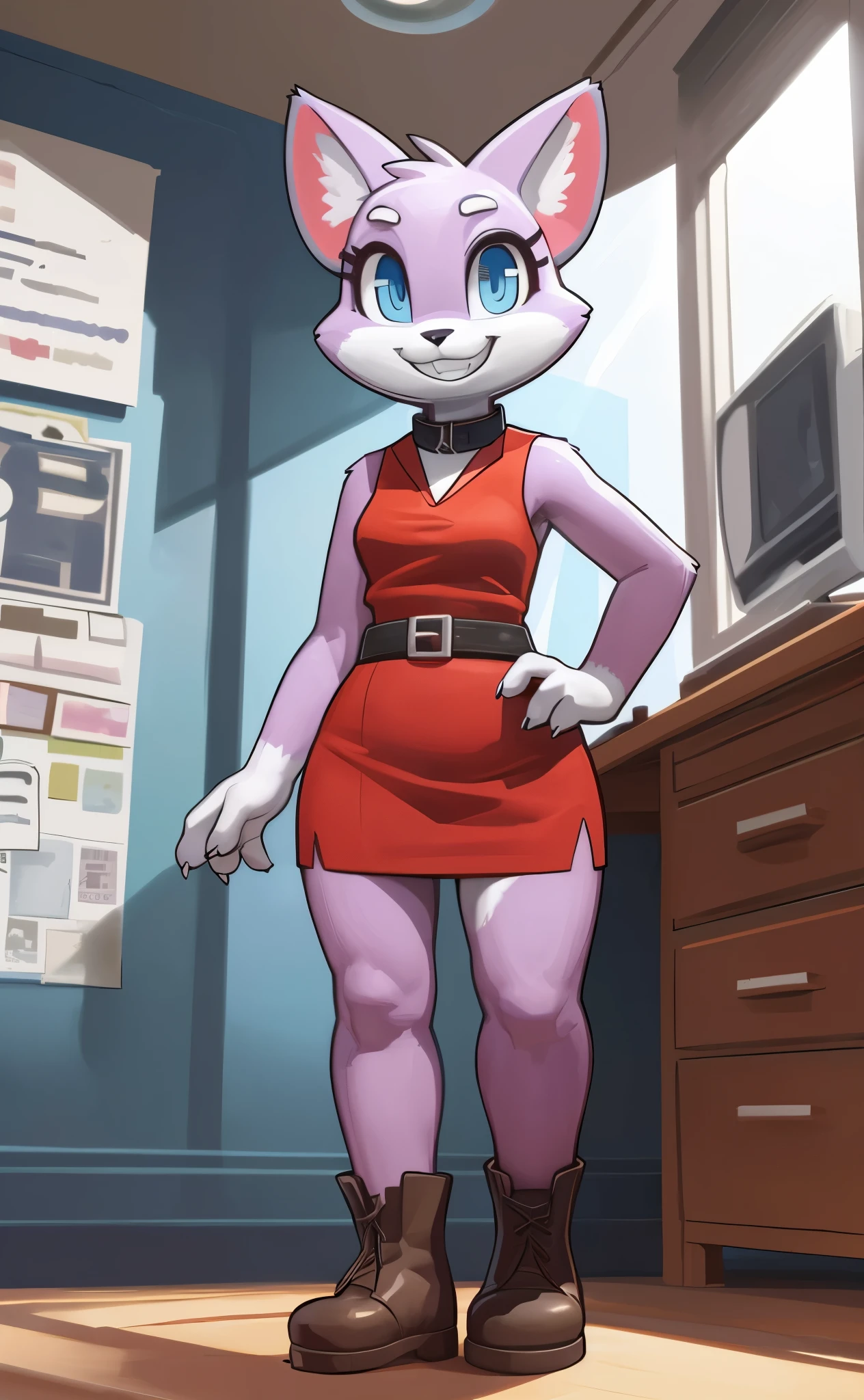 A cartoon cat in a red dress standing in a room - SeaArt AI