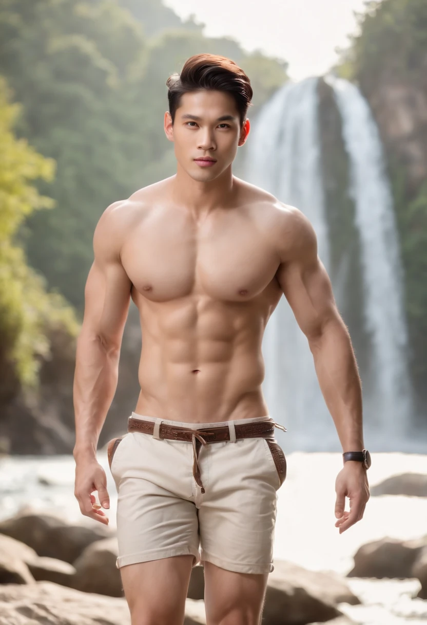 A photo-realistic image of a (((muscular and toned))) Thai male wearing ...