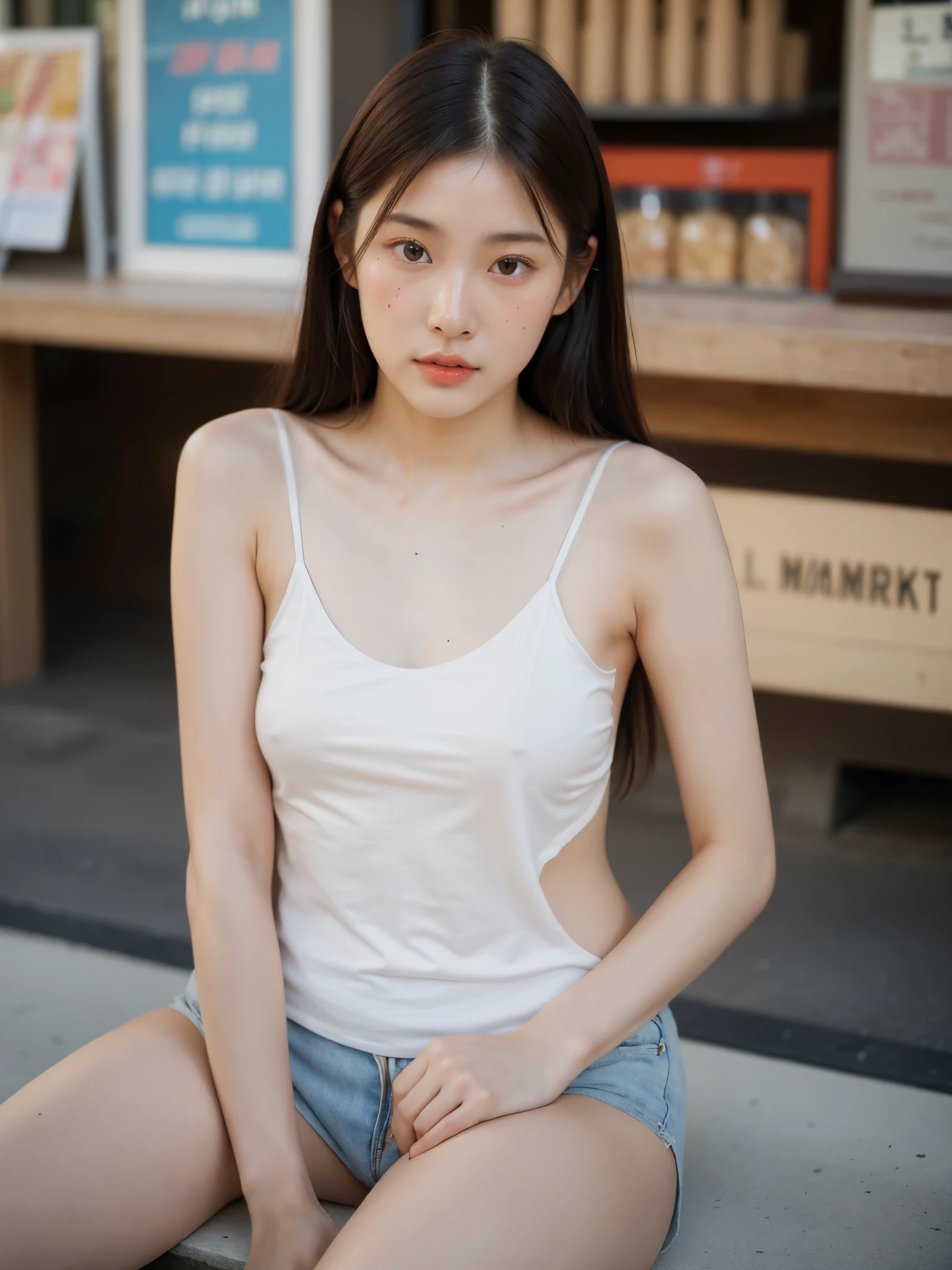 A woman sitting on the ground in a white tank top - SeaArt AI