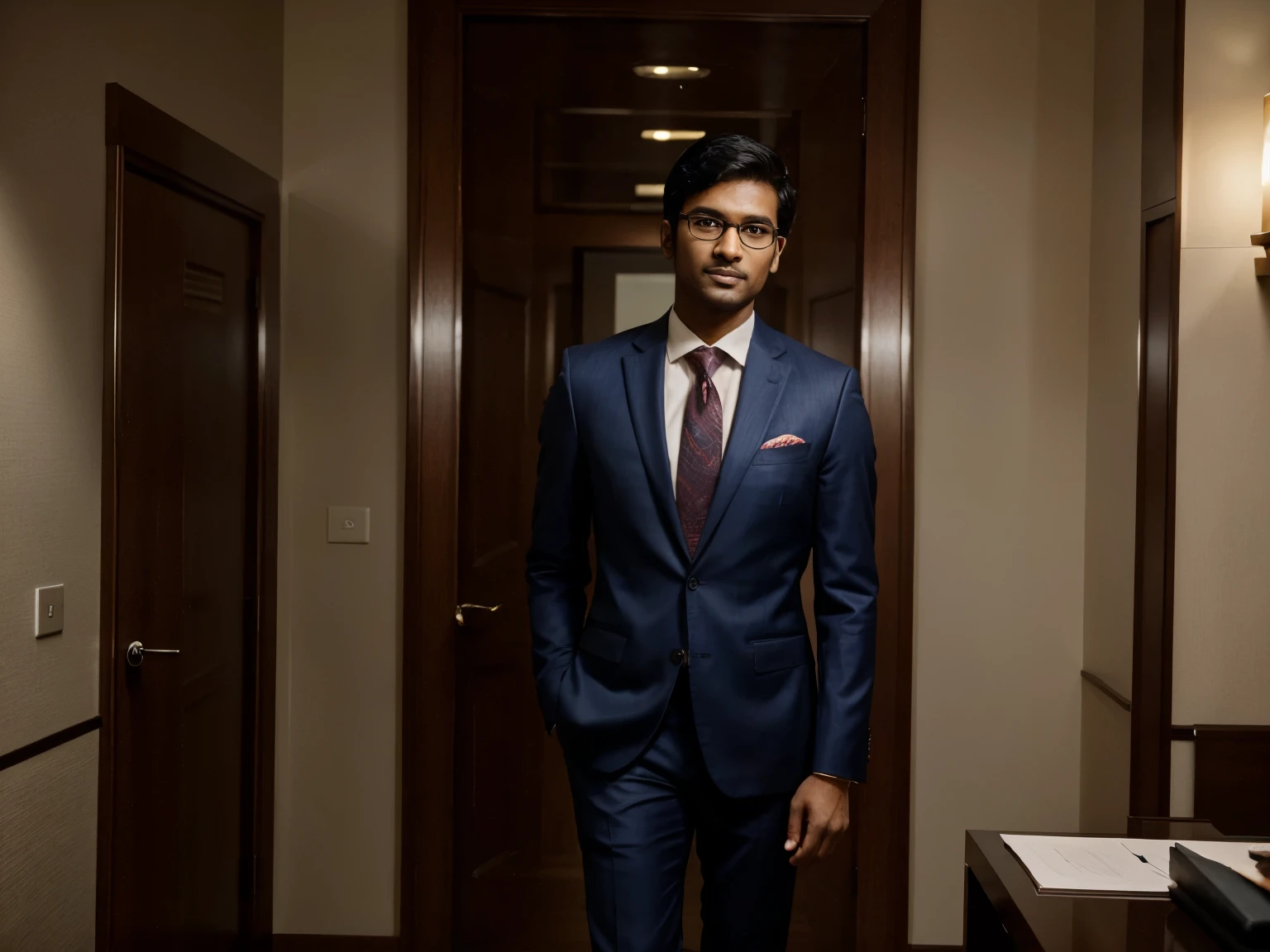 Arafed man in a suit and tie standing in a hallway - SeaArt AI