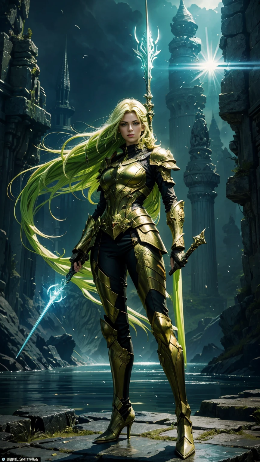 A full body picture, a fantasy female warrior in a holding a staff ...