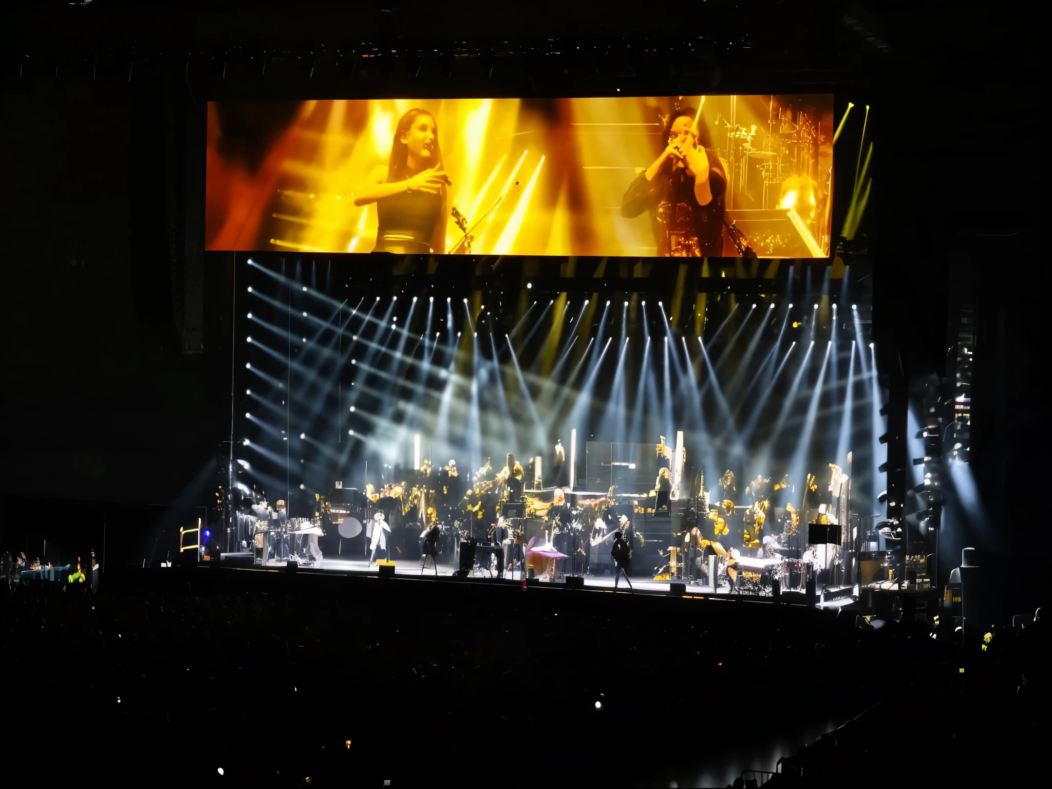Arafed stage with a band performing on a large screen - SeaArt AI