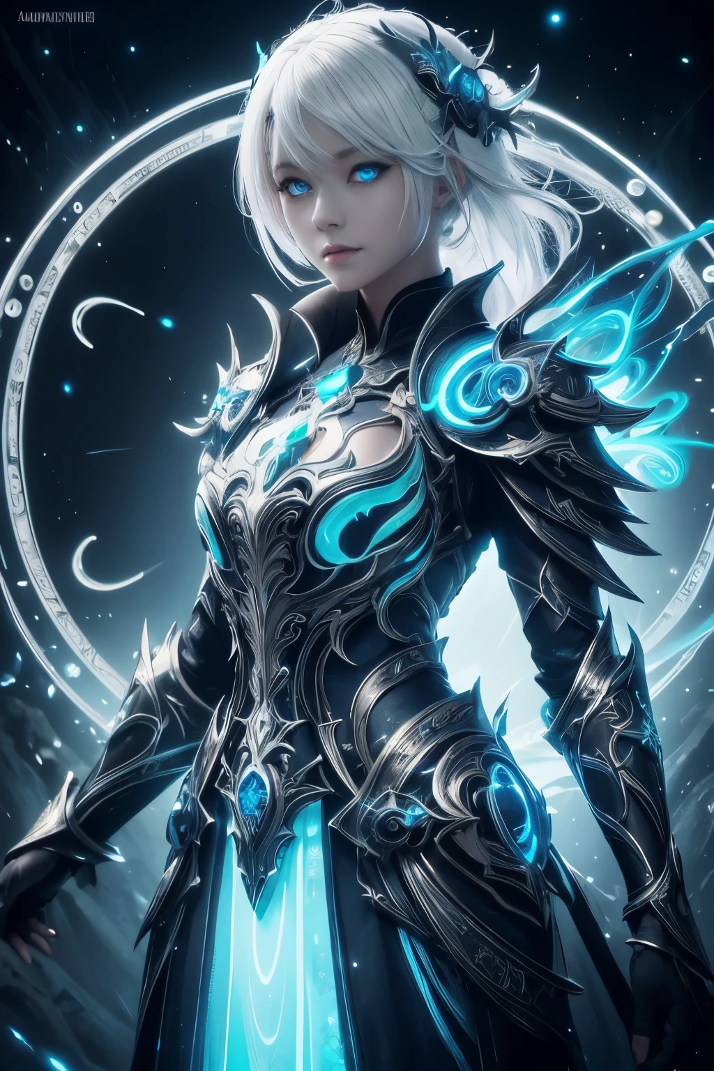 A woman with white hair and blue eyes in a black outfit - SeaArt AI