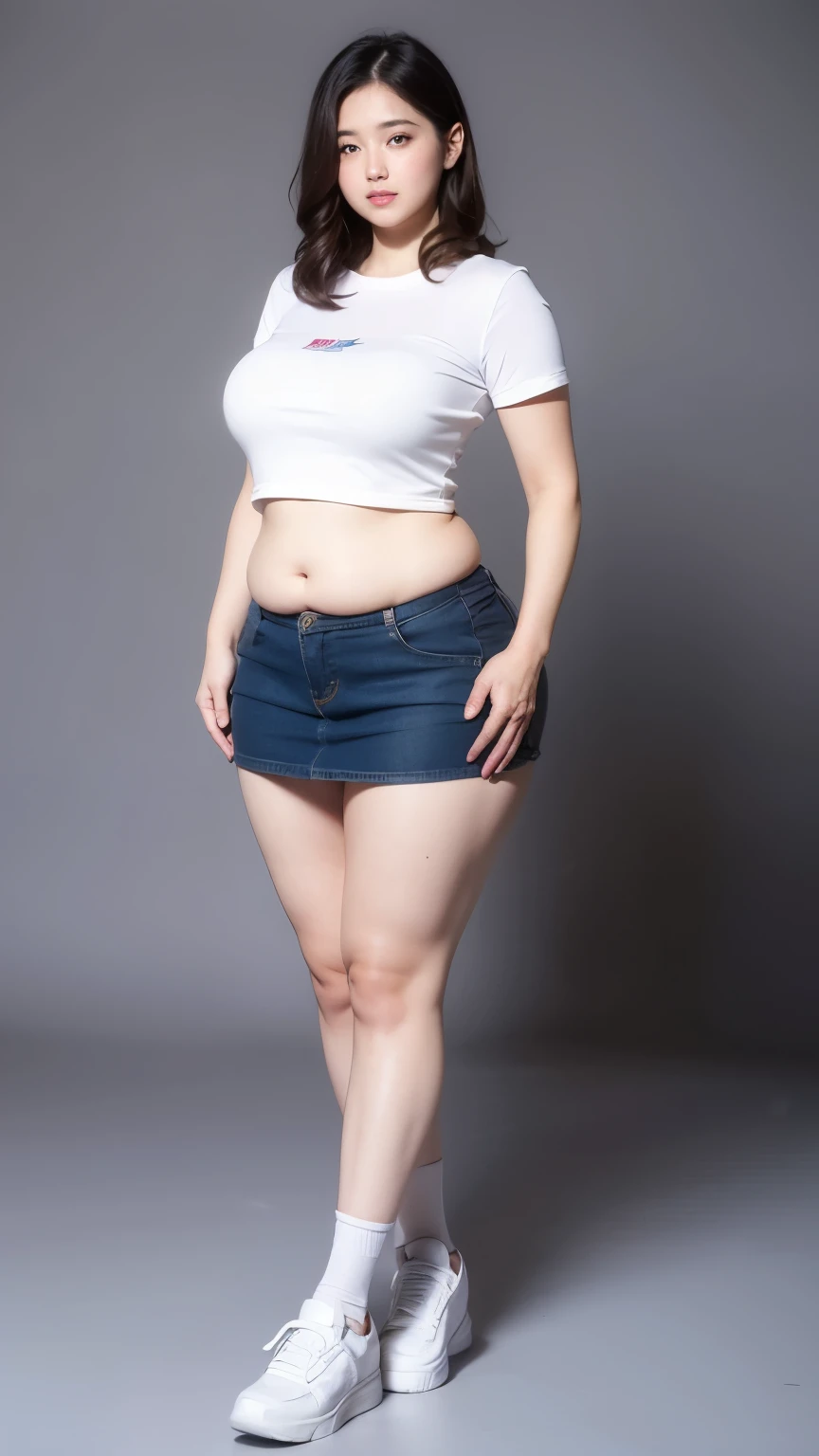 A woman in a white shirt and denim skirt posing for a picture - SeaArt AI