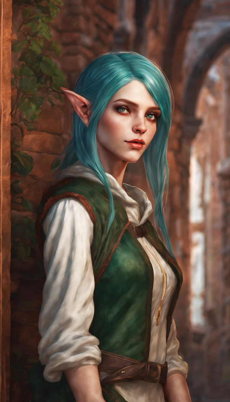 Carla is a young elf with blue-green hair and bright red eyes - SeaArt AI
