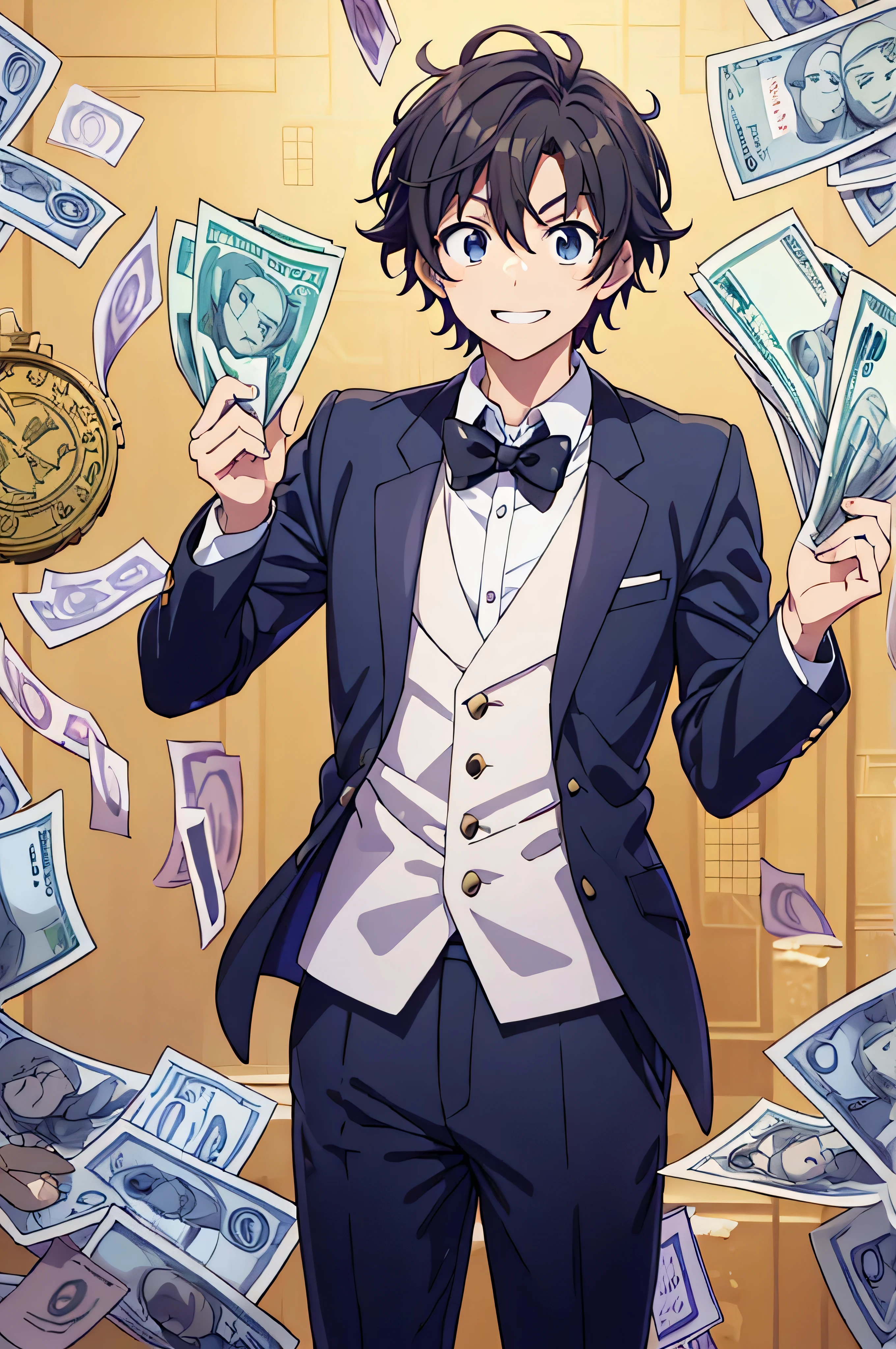 Anime character in tuxedo holding money and a coin - SeaArt AI