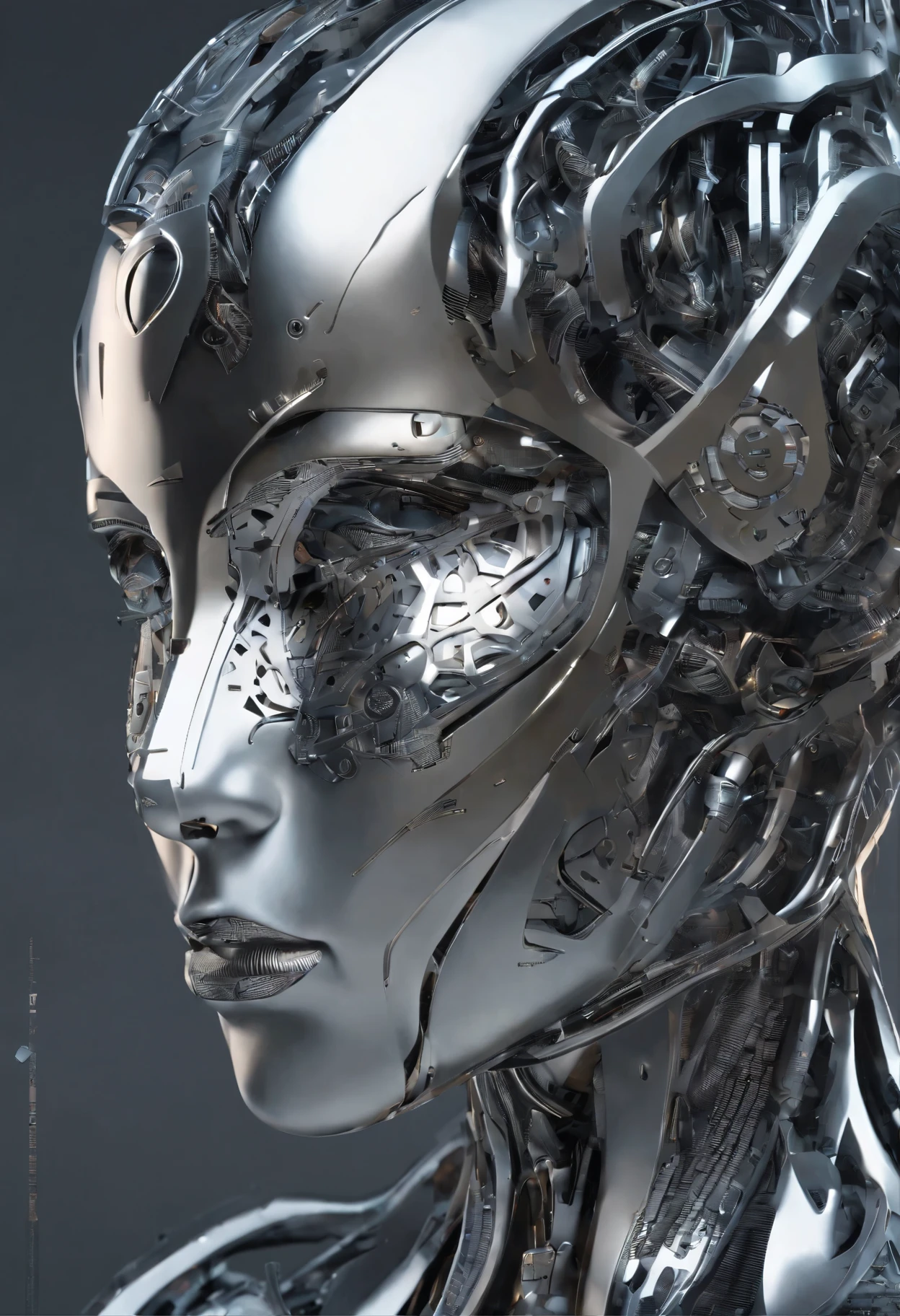 A close up of a silver robot head with a metal frame - SeaArt AI