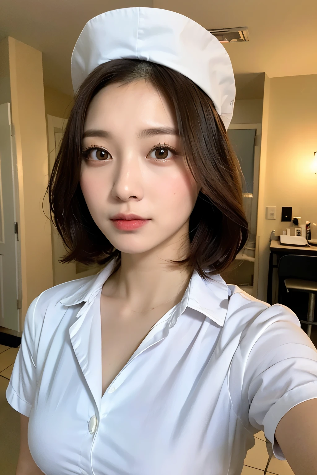 Arafed woman in a white nurse uniform taking a selfie - SeaArt AI