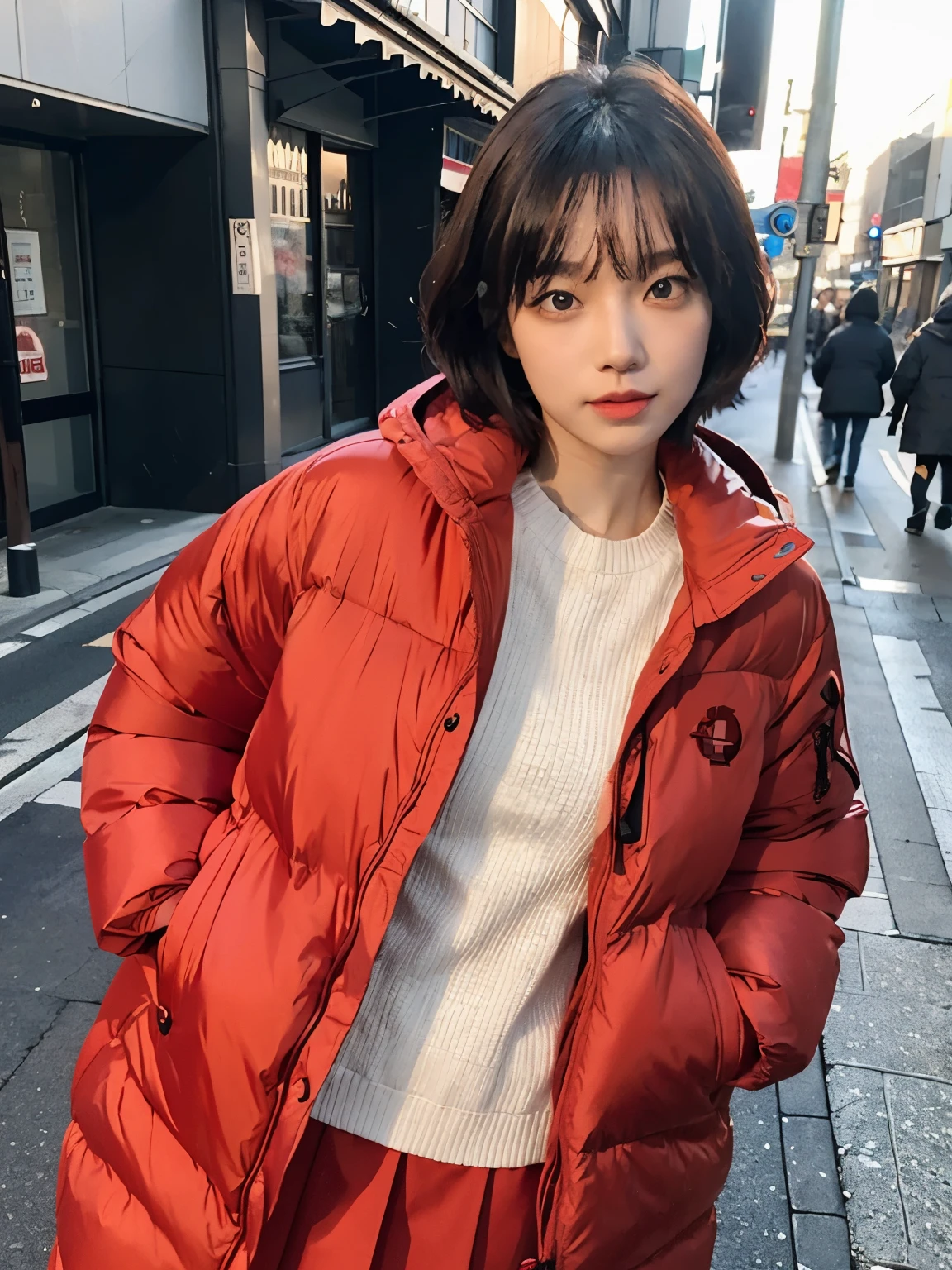 A close up of a person wearing a red jacket and a white sweater - SeaArt AI