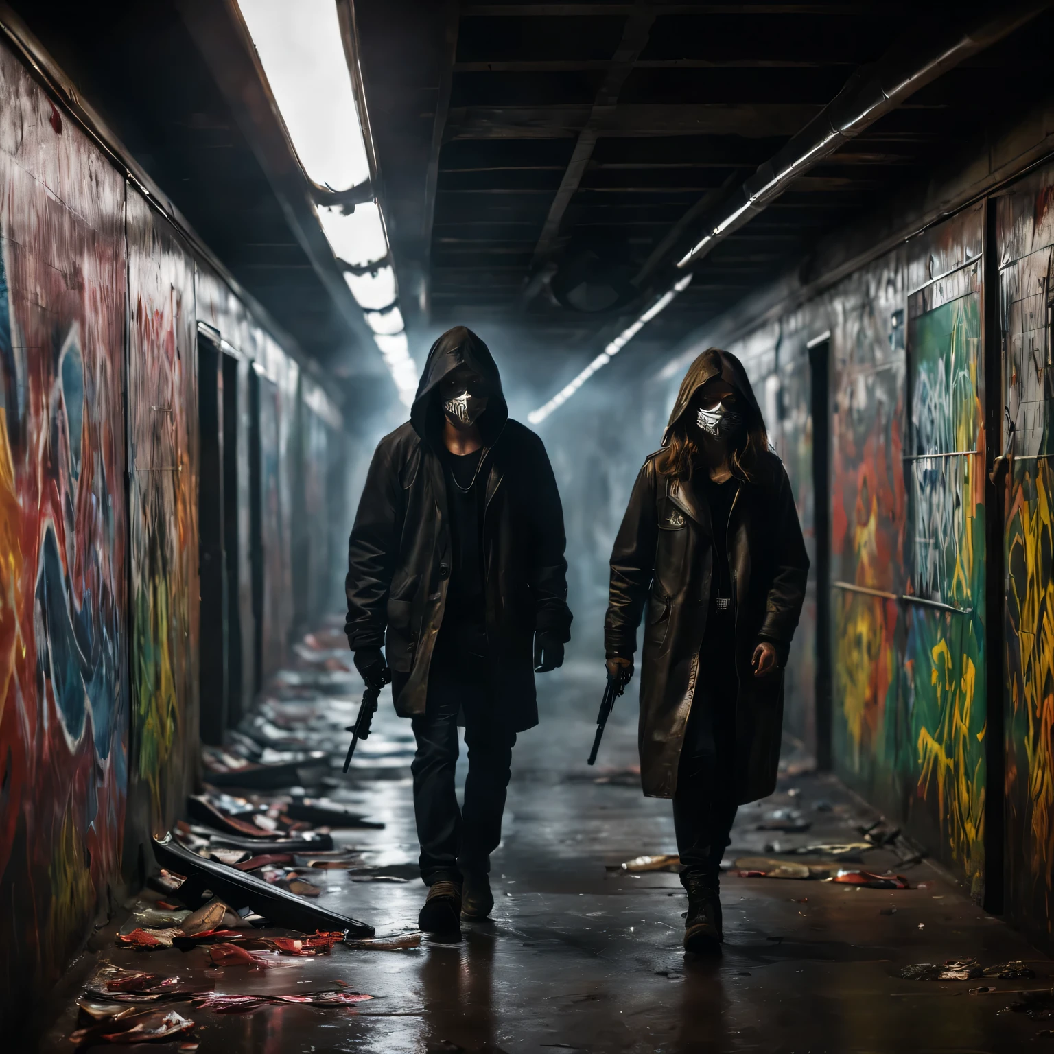 Two people in masks walking down a dark hallway with graffiti - SeaArt AI