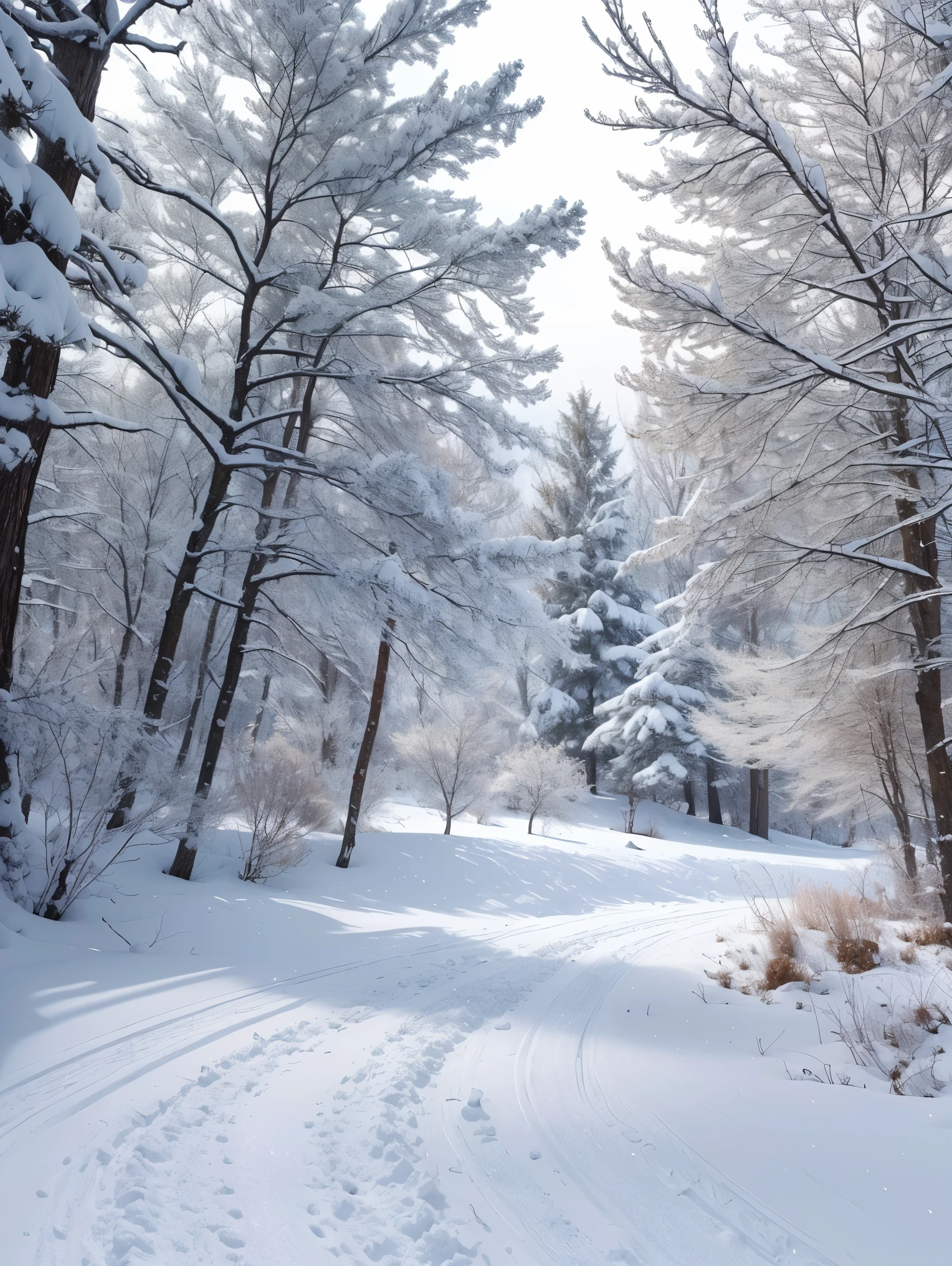 Snowy path through a forest with trees and snow on the ground - SeaArt AI