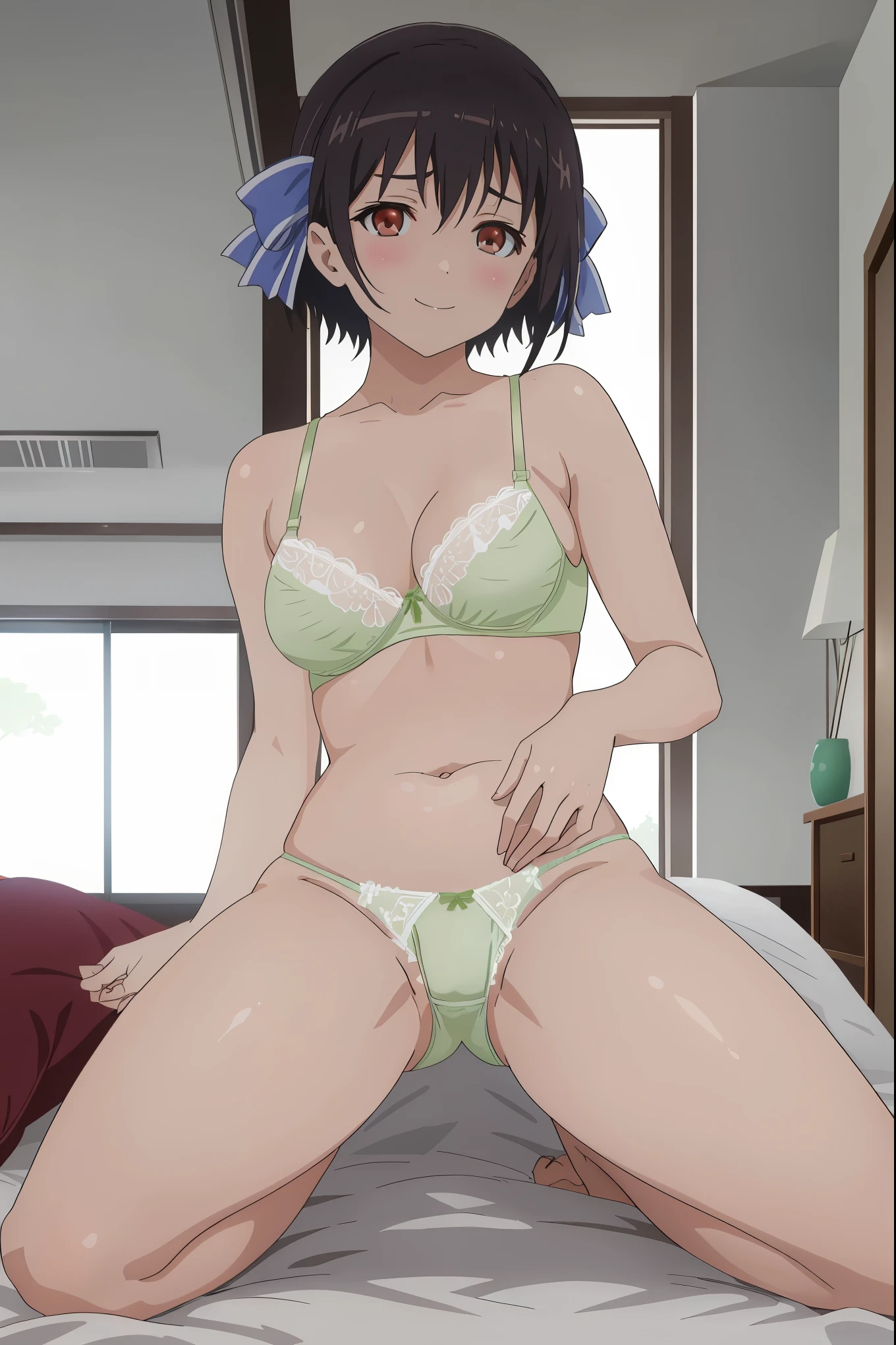 A woman in a green bikini sitting on a bed - SeaArt AI