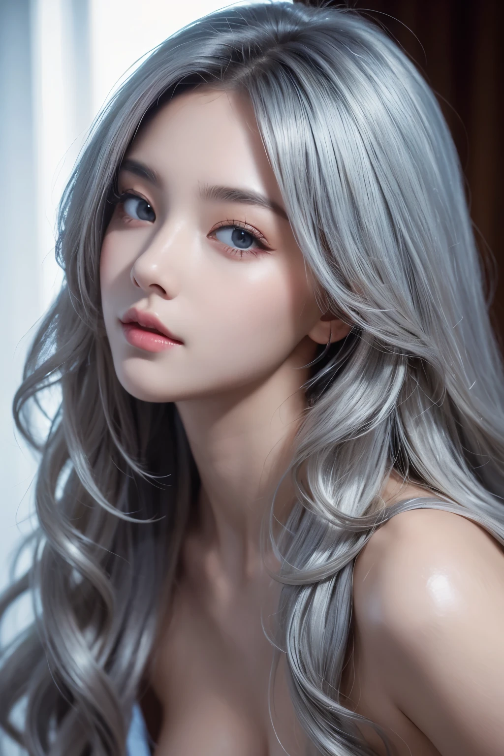 A woman with long gray hair and blue eyes posing for a picture - SeaArt AI