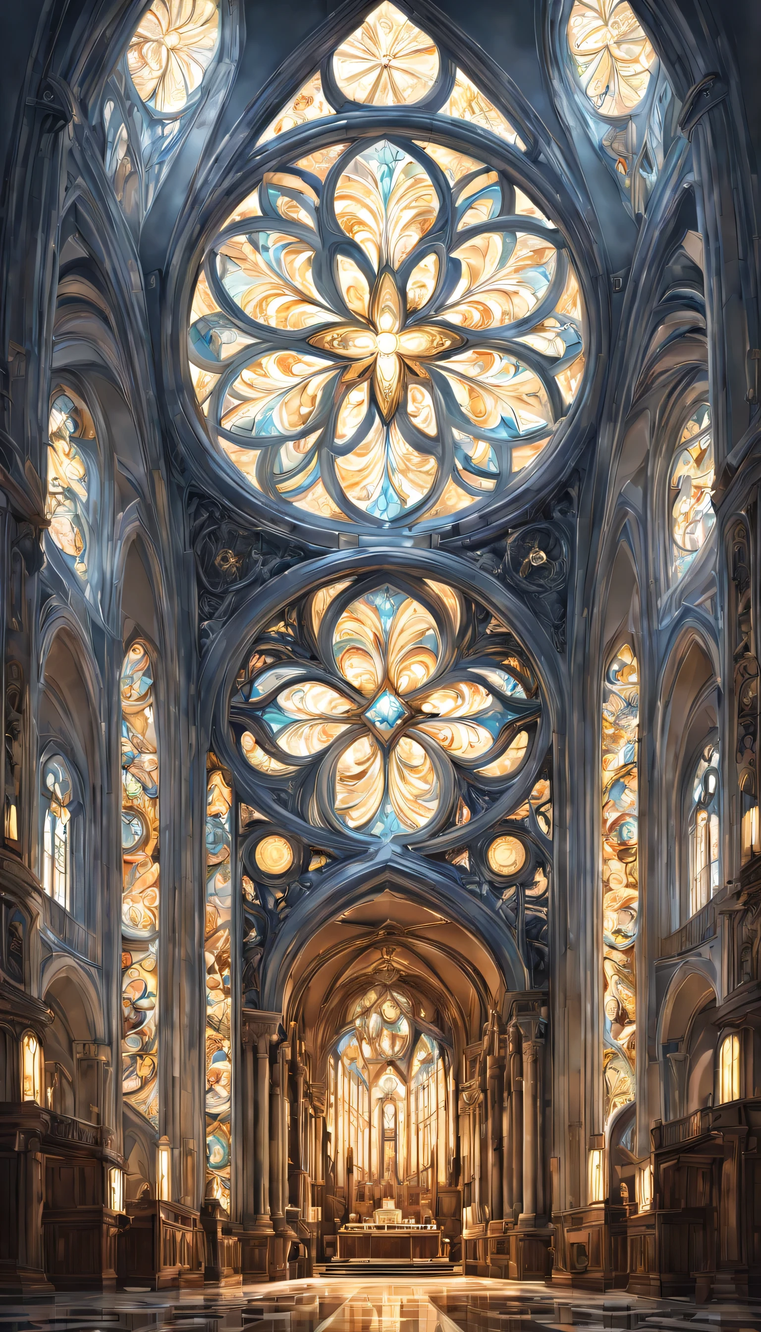 A view of a cathedral with a large stained glass window - SeaArt AI