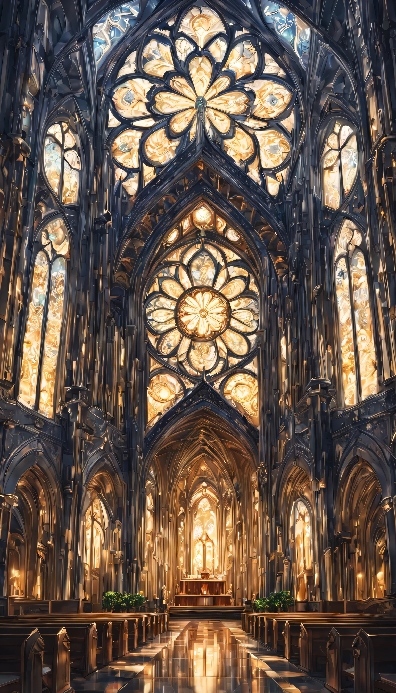 A large cathedral with a stained glass window and pews - SeaArt AI