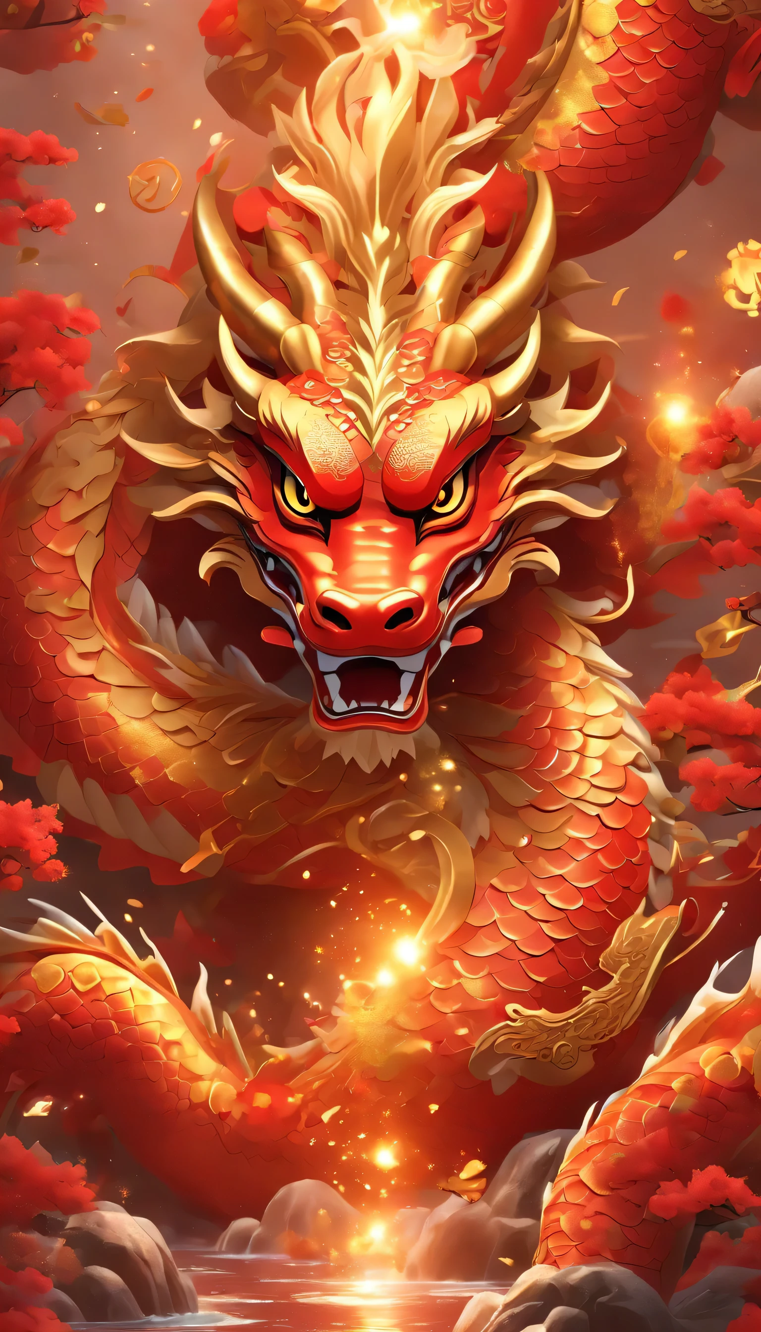 A red dragon with gold eyes and a golden tail - SeaArt AI