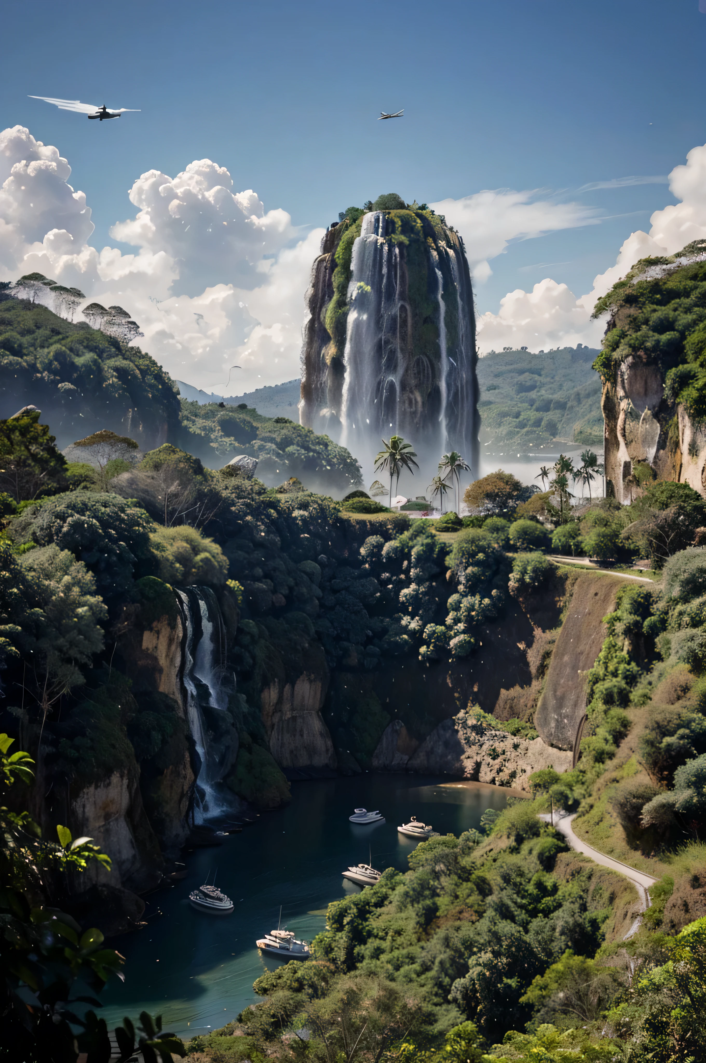 There is a large waterfall with a boat in the water - SeaArt AI