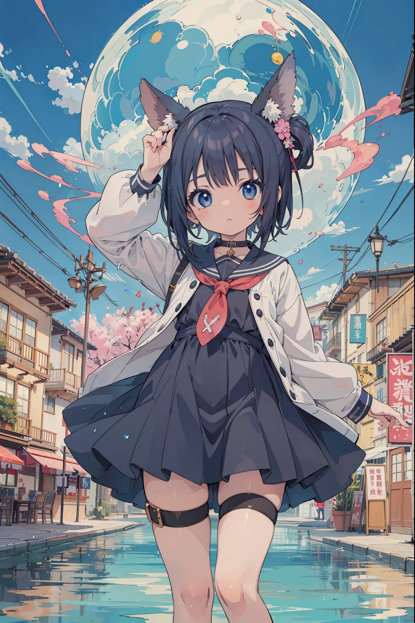 Anime girl in a short skirt and a cat ears hat standing in a puddle ...
