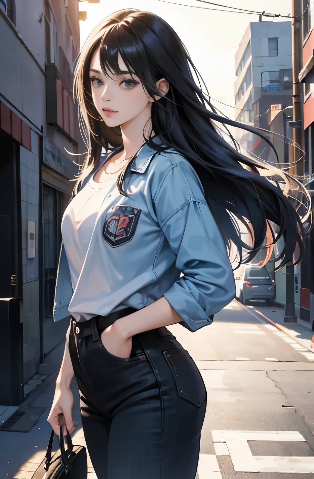 A woman with long black hair and a blue shirt is standing on a street - SeaArt AI