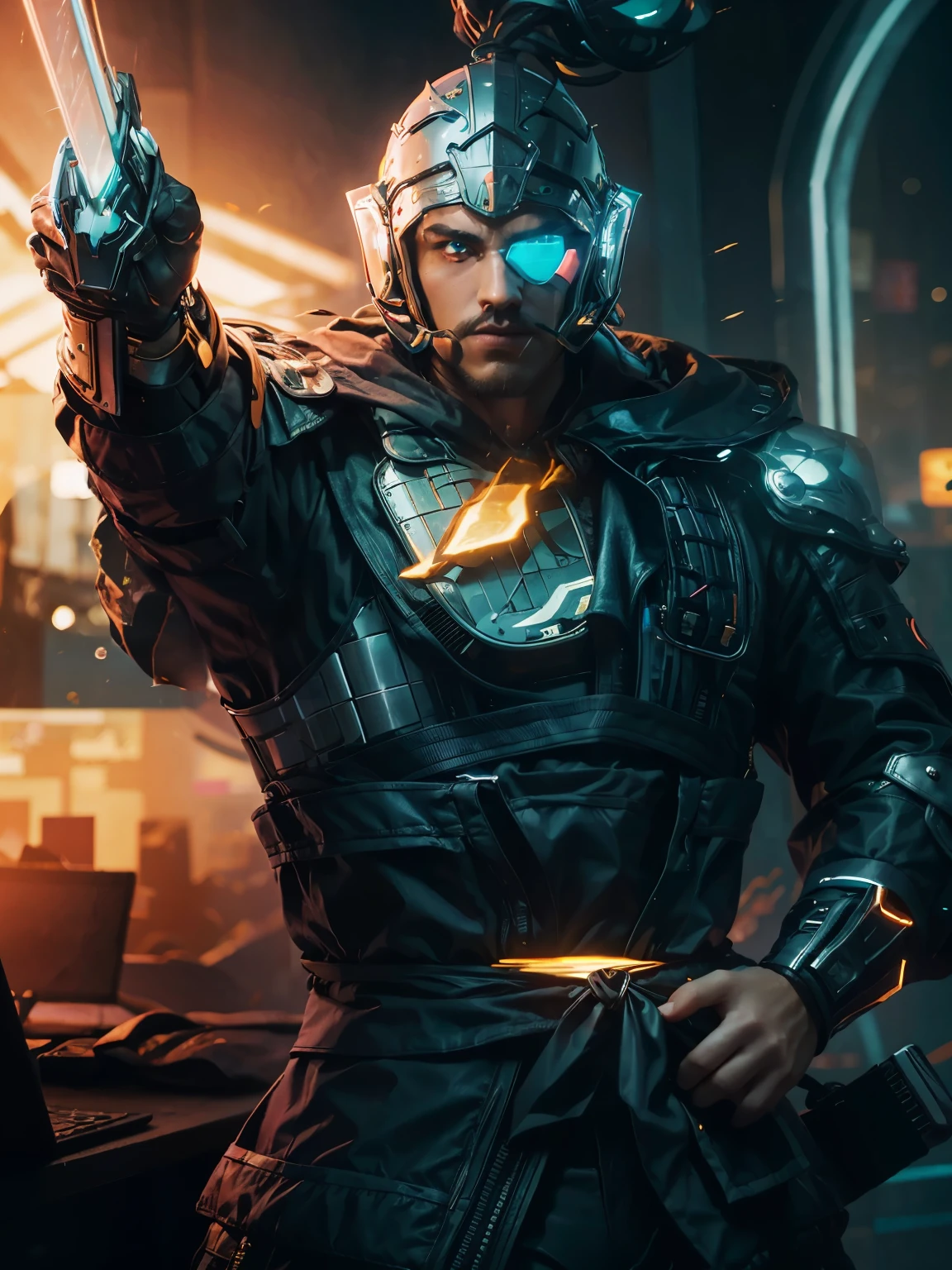 A man in a futuristic suit holding a sword in a dark room - SeaArt AI