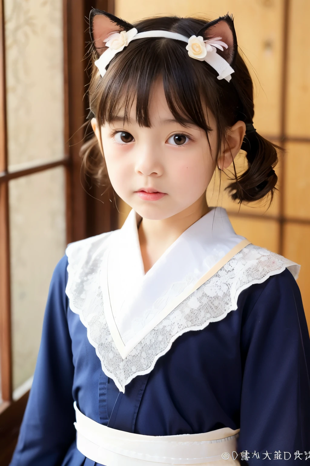 A Close Up Of A Young Girl Wearing A Blue Dress And A Cat Ear Headband