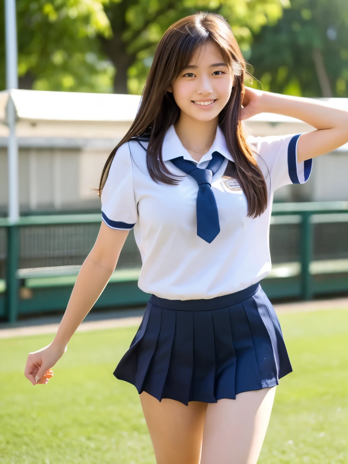 Arafed asian woman in a school uniform walking on a field - SeaArt AI