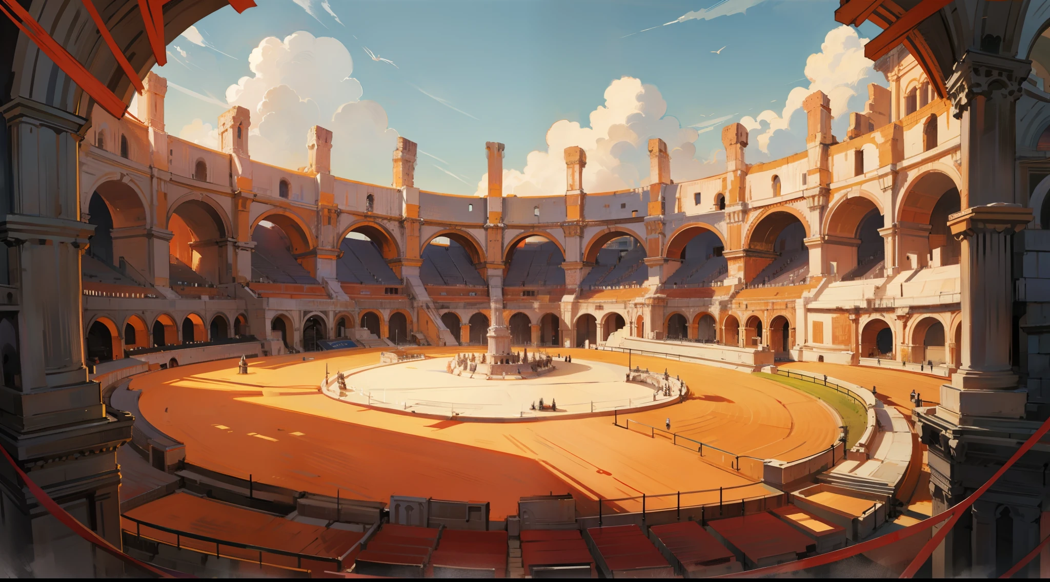 There is a painting of a large arena with a fountain - SeaArt AI