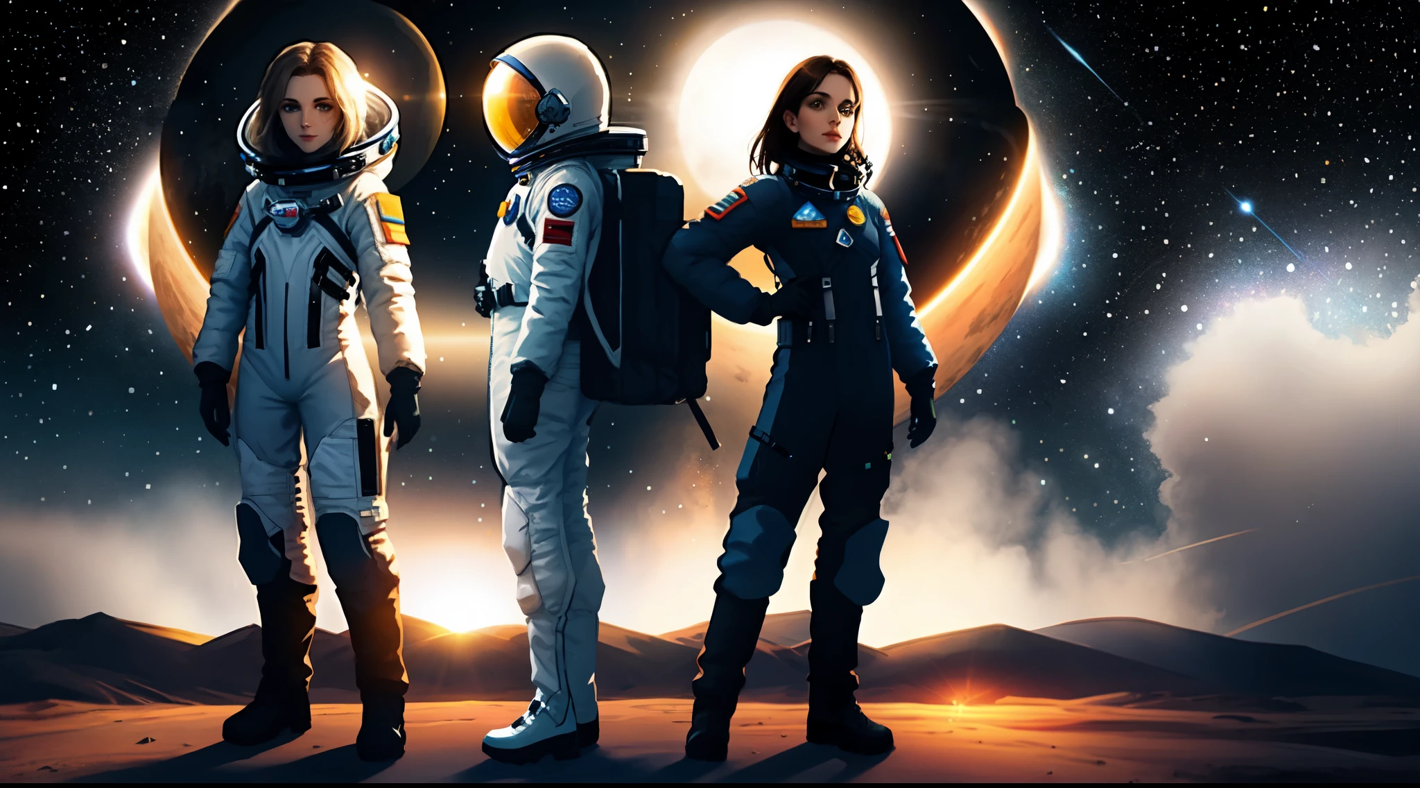 Two astronauts standing in front of a planet with a moon in the ...