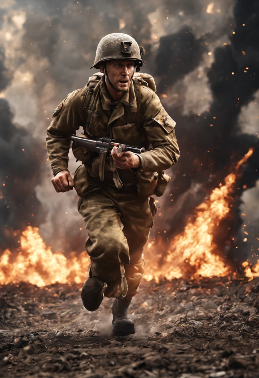 Solider, war field, running, hyper realistic, fire sparks on the ground ...