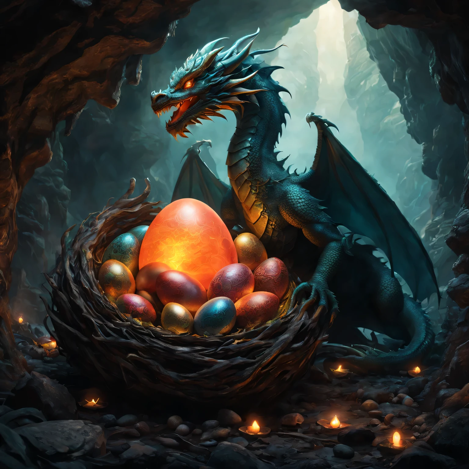 A close up of a dragon sitting in a nest with eggs - SeaArt AI