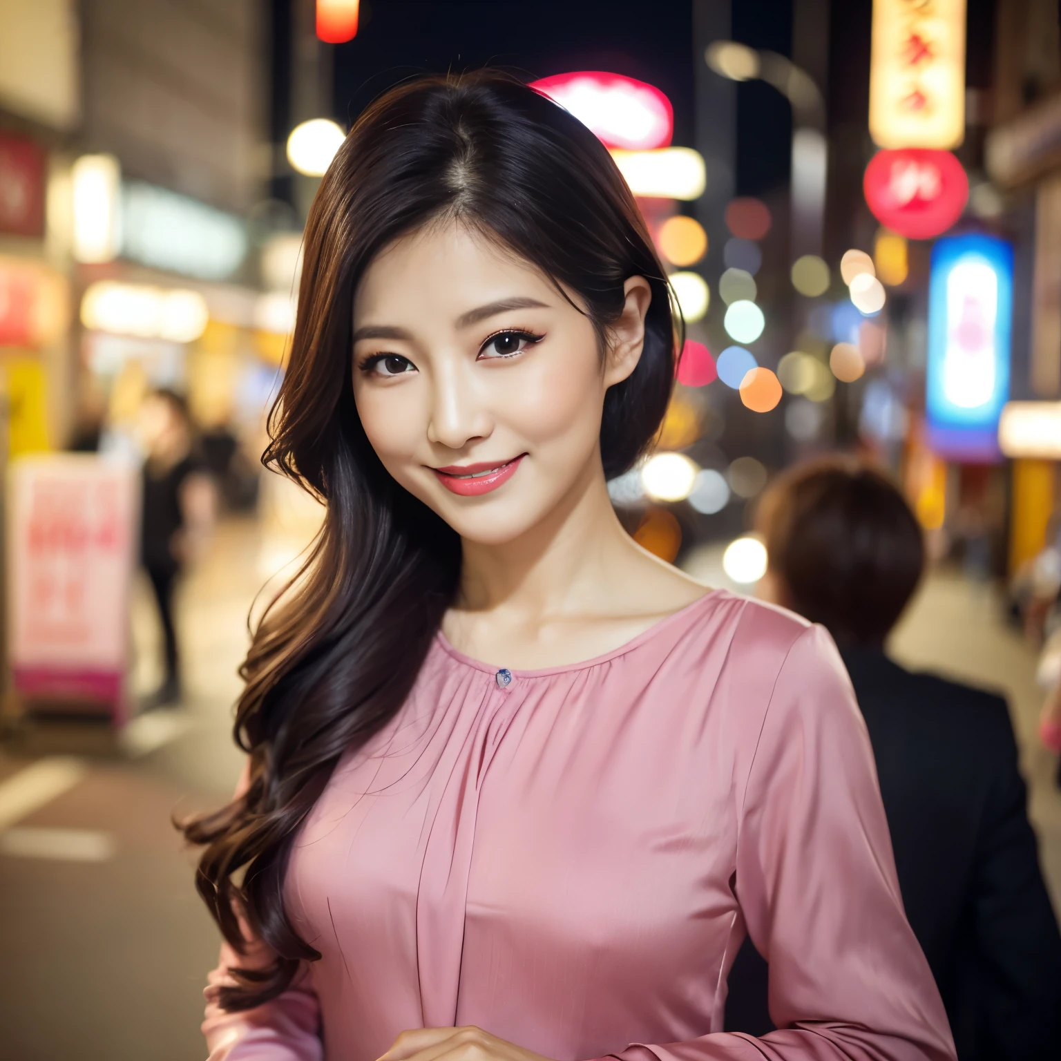 Arafed asian woman in pink dress standing on street corner - SeaArt AI