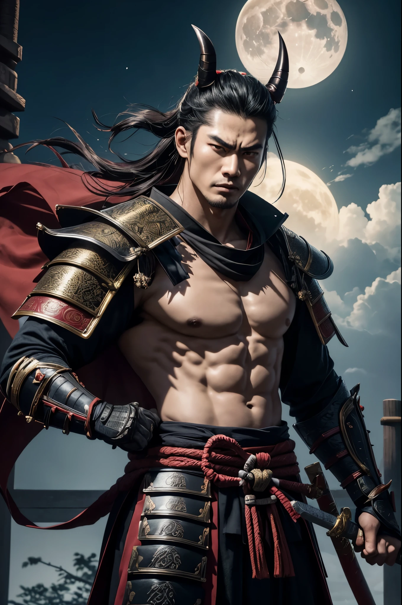 A man in armor with a sword and a full moon - SeaArt AI