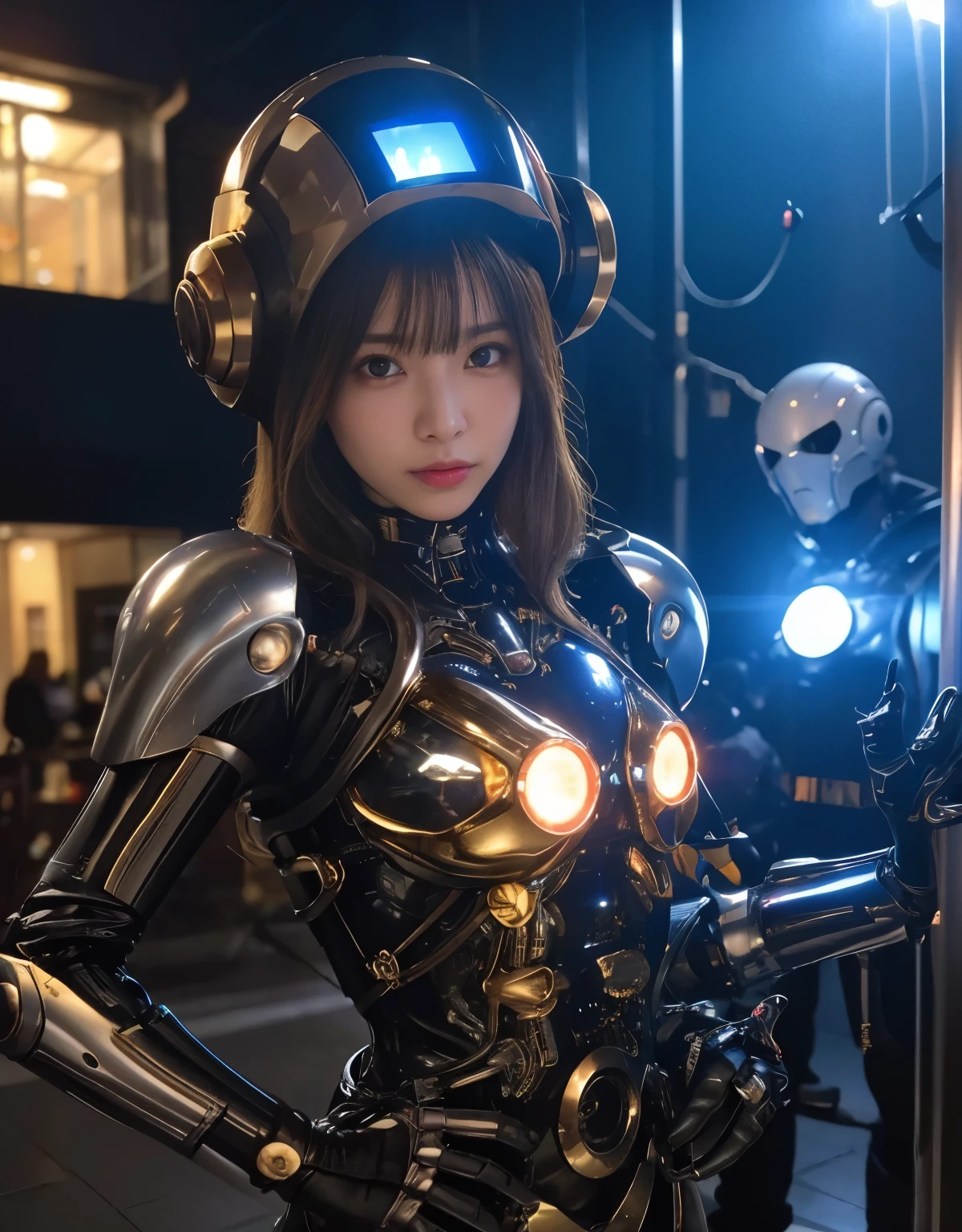 A close up of a woman in a helmet and a robot costume - SeaArt AI