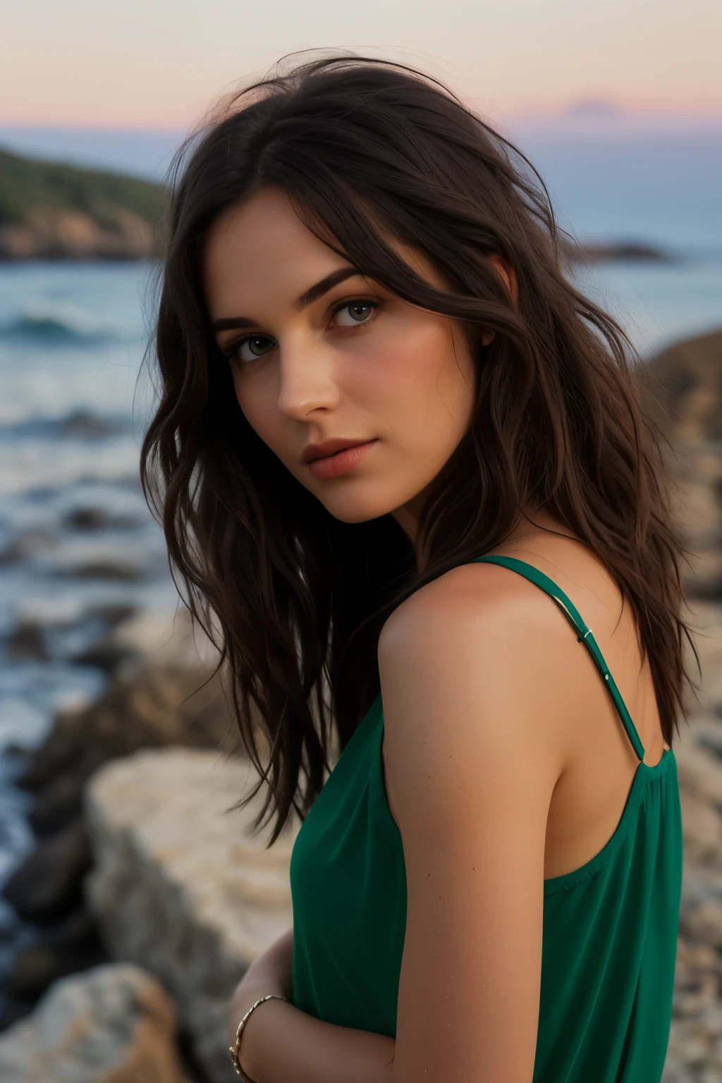 Arafed woman in green dress standing on rocks by the ocean - SeaArt AI