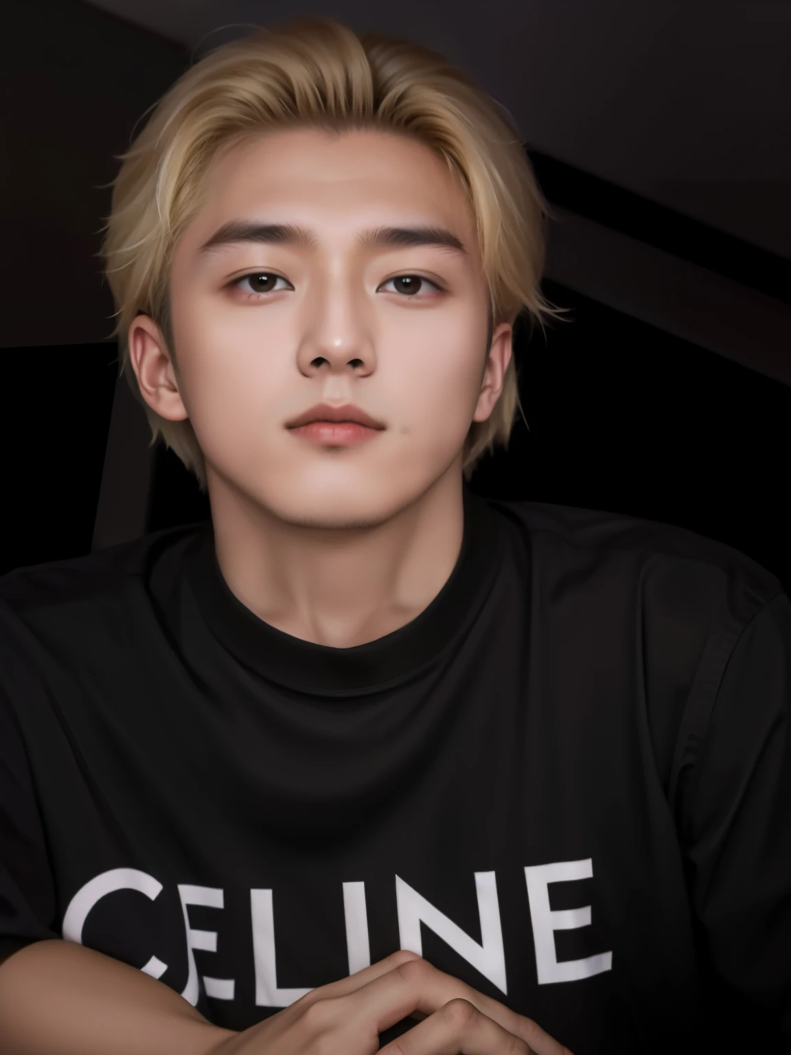 A man with blonde hair and a black shirt sitting down - SeaArt AI